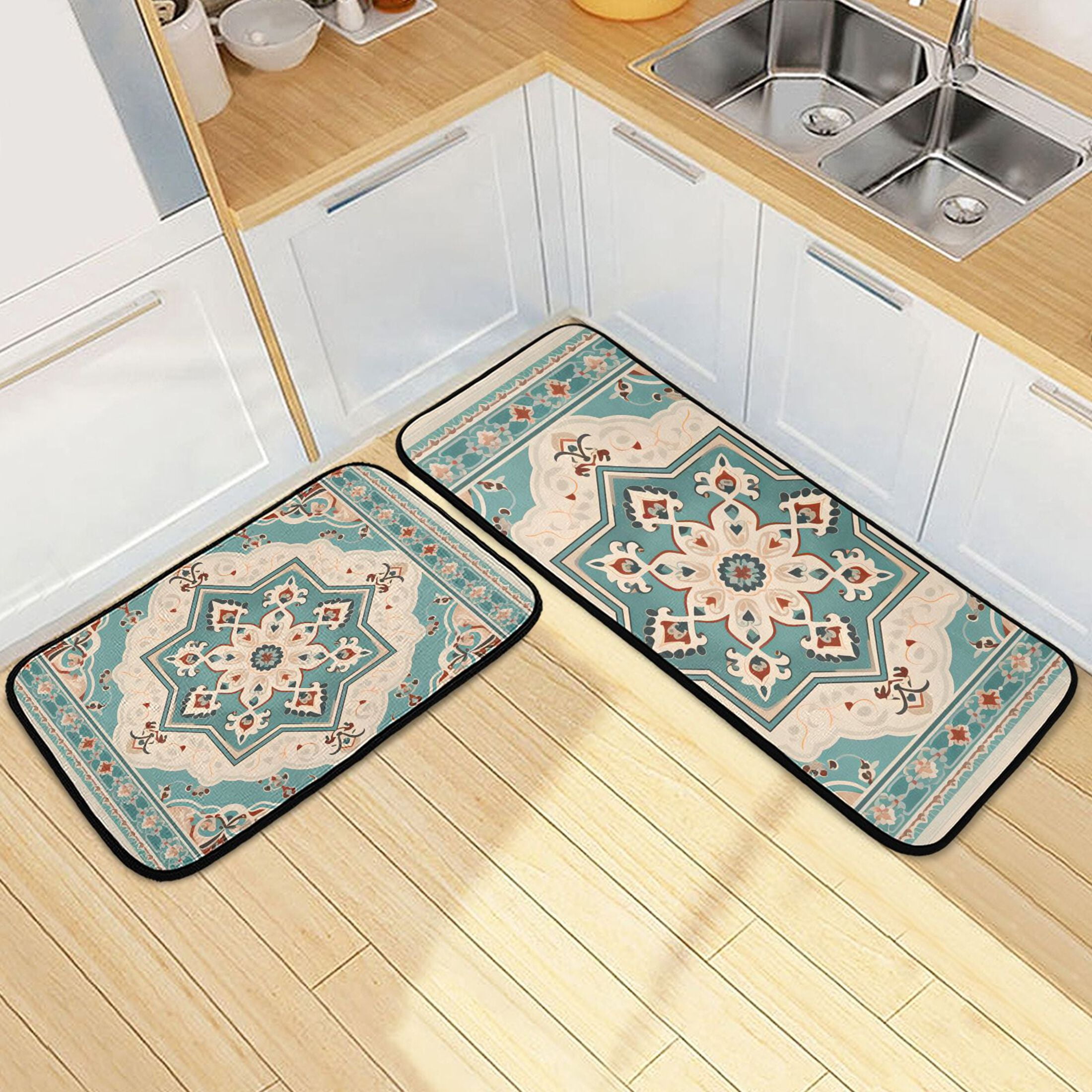 Mandala Bohomia Flower Blue Kitchen Rugs Set of 2 Non Slip Floor Foam ...