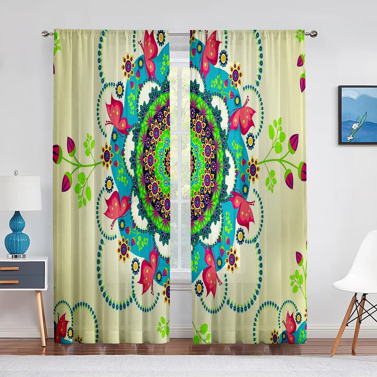 Mandala Colorful Floral Sheer Voile Curtain Flowers Bohemian Boho ...
