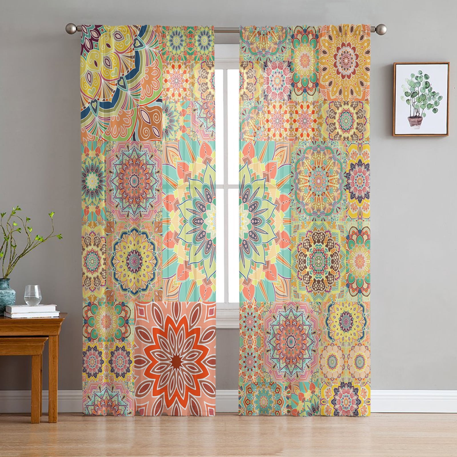 Mandala Colorful Print Sheer Window Panel Curtains Room for Living Room ...