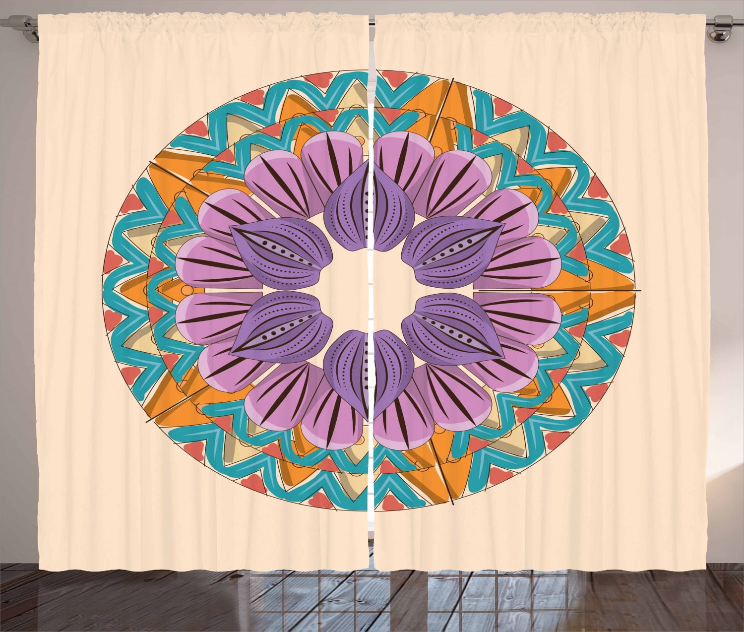 Mandala Curtains 2 Panels Set, Mandala Art Design with Rotating Zigzags ...