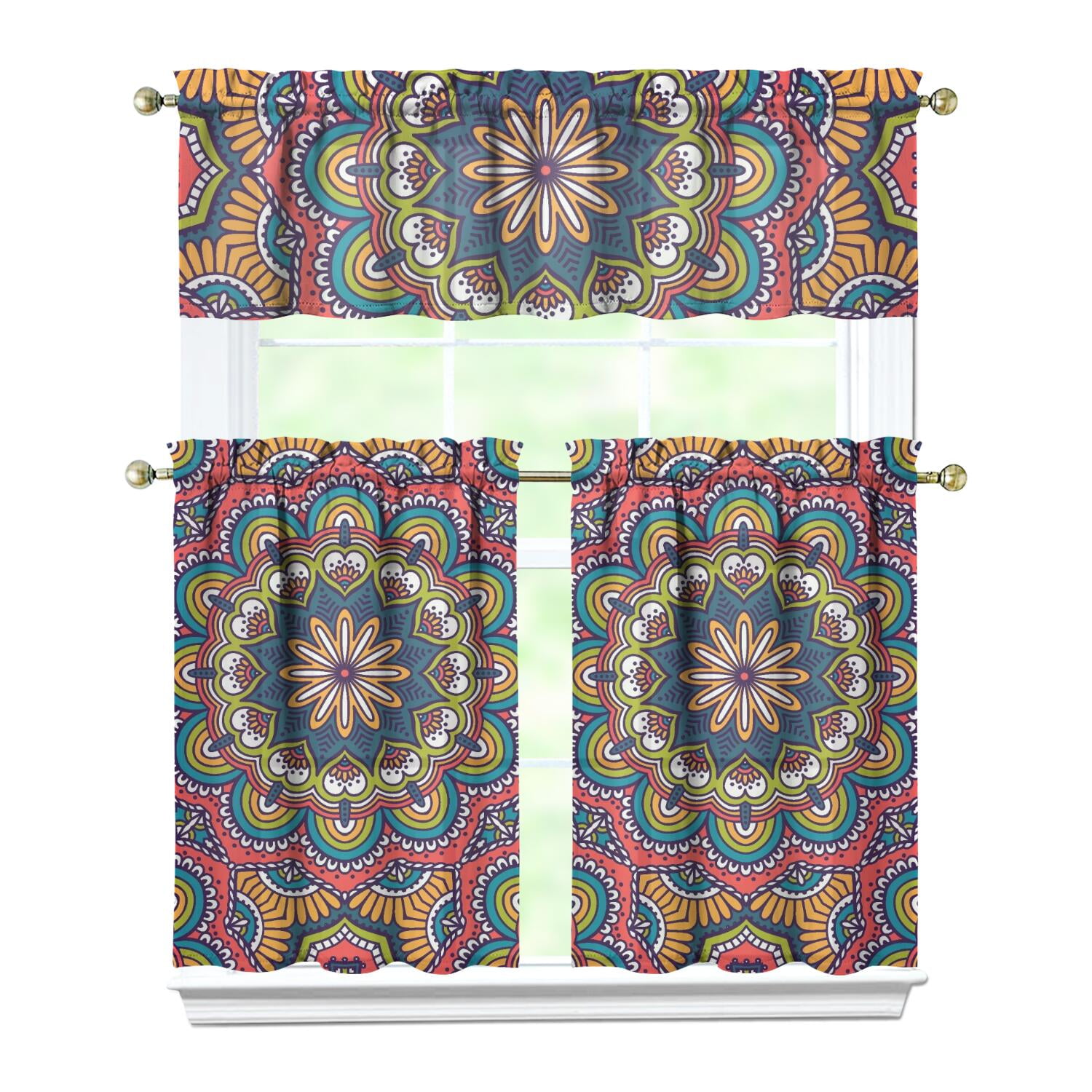 Mandala Curtains 36 Inch Short - 3 Panel Set, Psychedelic Geometric Abstract Meditation Pattern ...