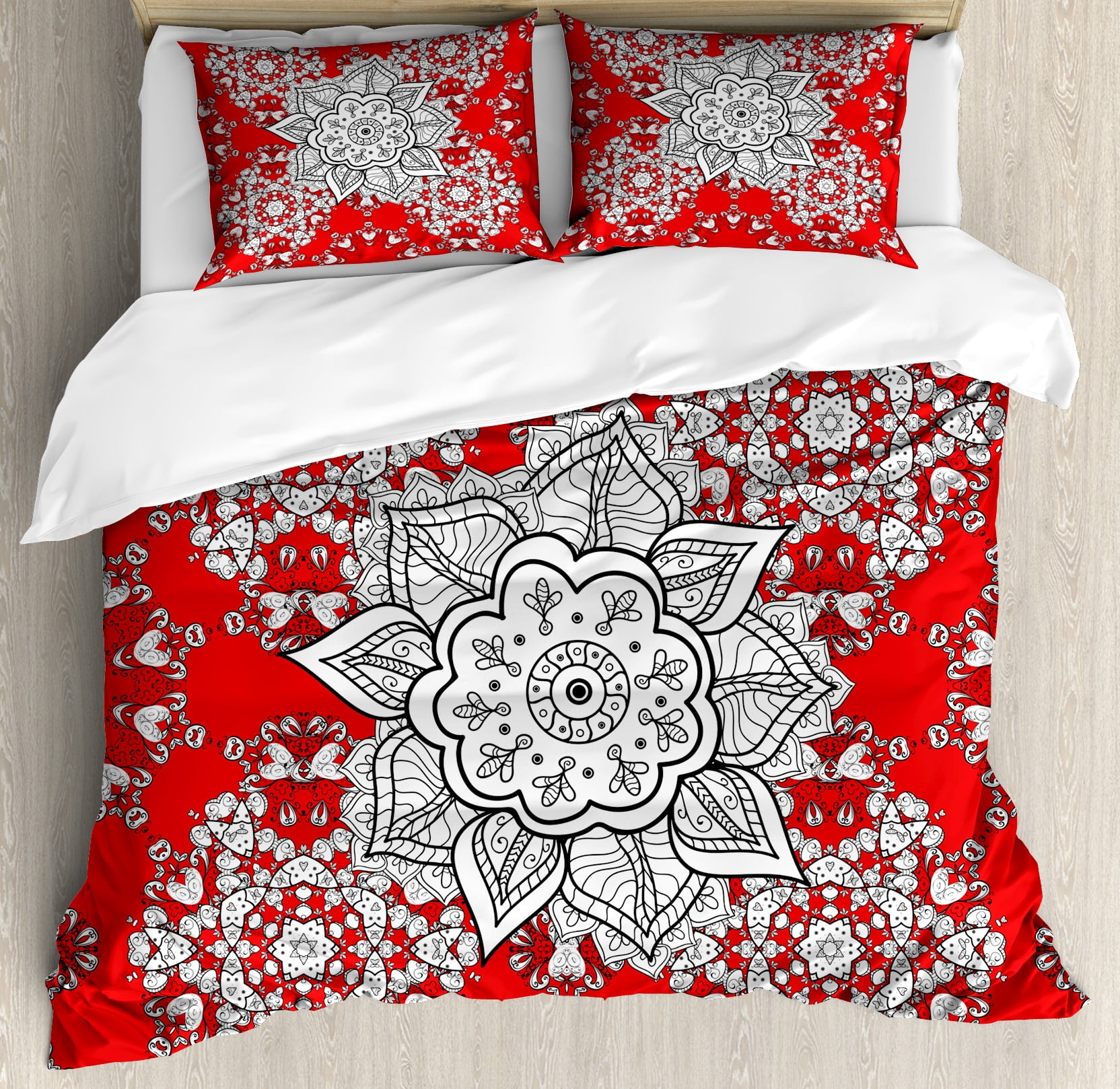 Mandala Duvet Cover Set, Design Pattern Doodles Mandala Style Flowers ...