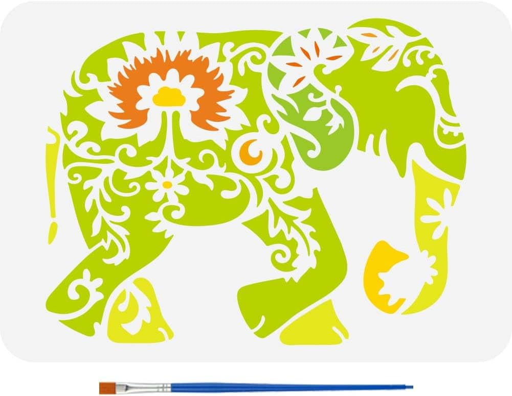 Mandala Elephant Painting Stencil 8.3x11.7inch with Paint Brush Hollowed Elephant Pattern ...