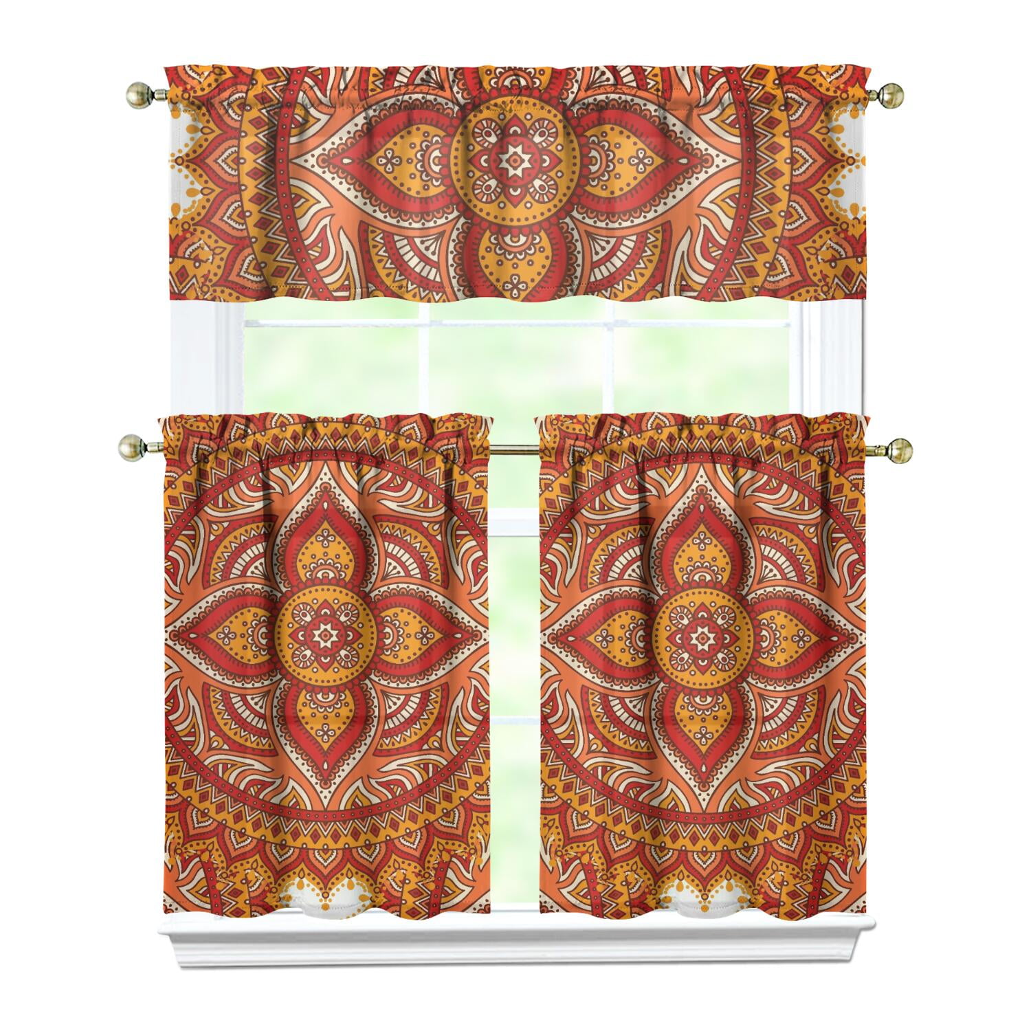 Mandala Ethnic Boho Kitchen Curtains Set 3 Piece Tier and Valance Set ...