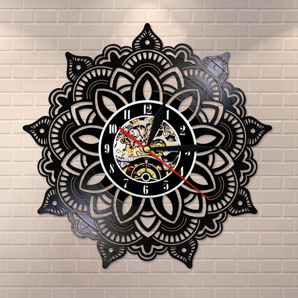 Mandala Flower Silent Vinyl Record Wall Clock Indian Bedroom Wall Art ...
