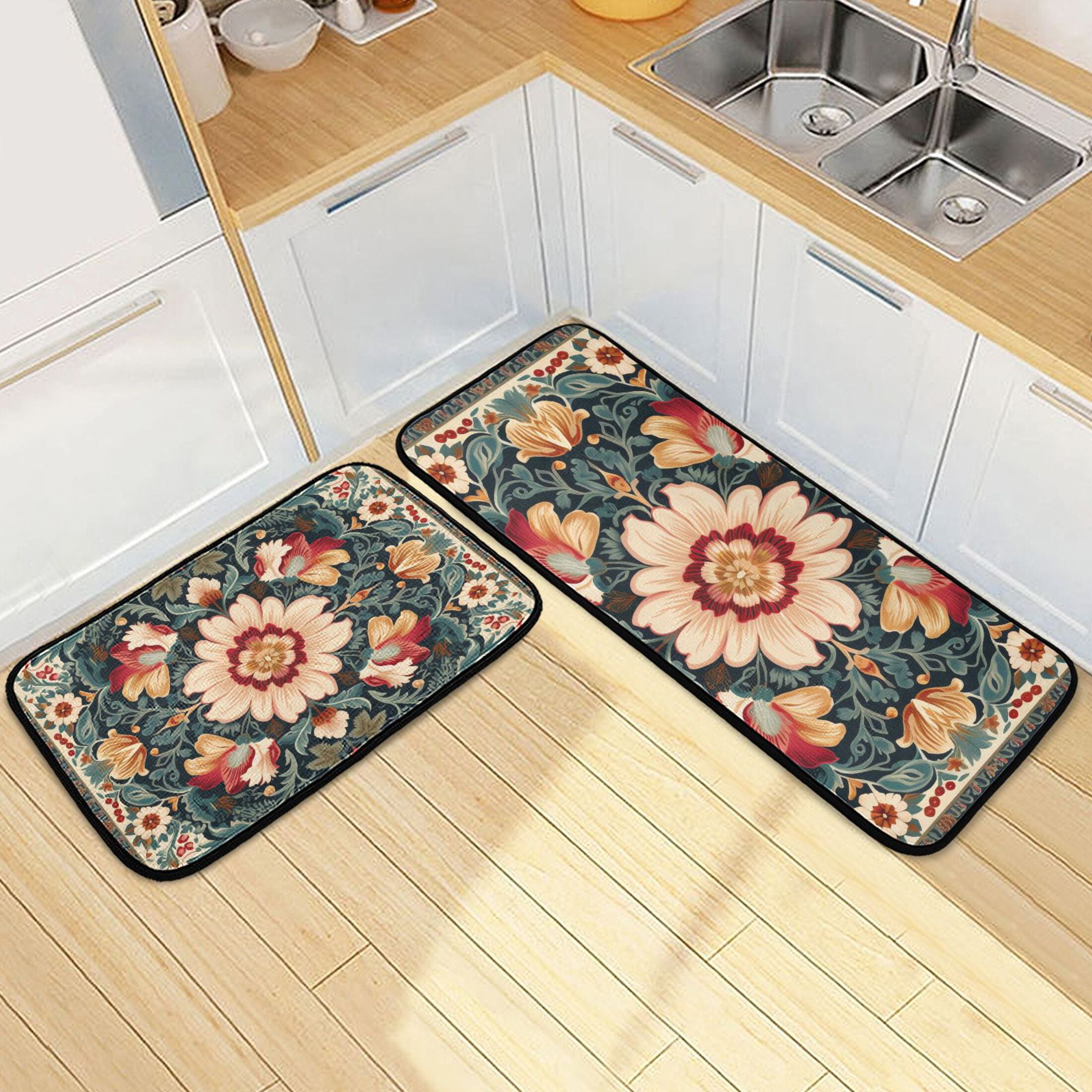 Mandala Flowers Print Kitchen Rugs Set of 2 Non Slip Floor Foam Mat ...