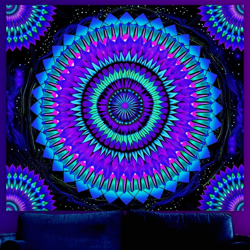 Mandala Glow in The Dark Tapestry Black Light Bohemian Aesthetic ...