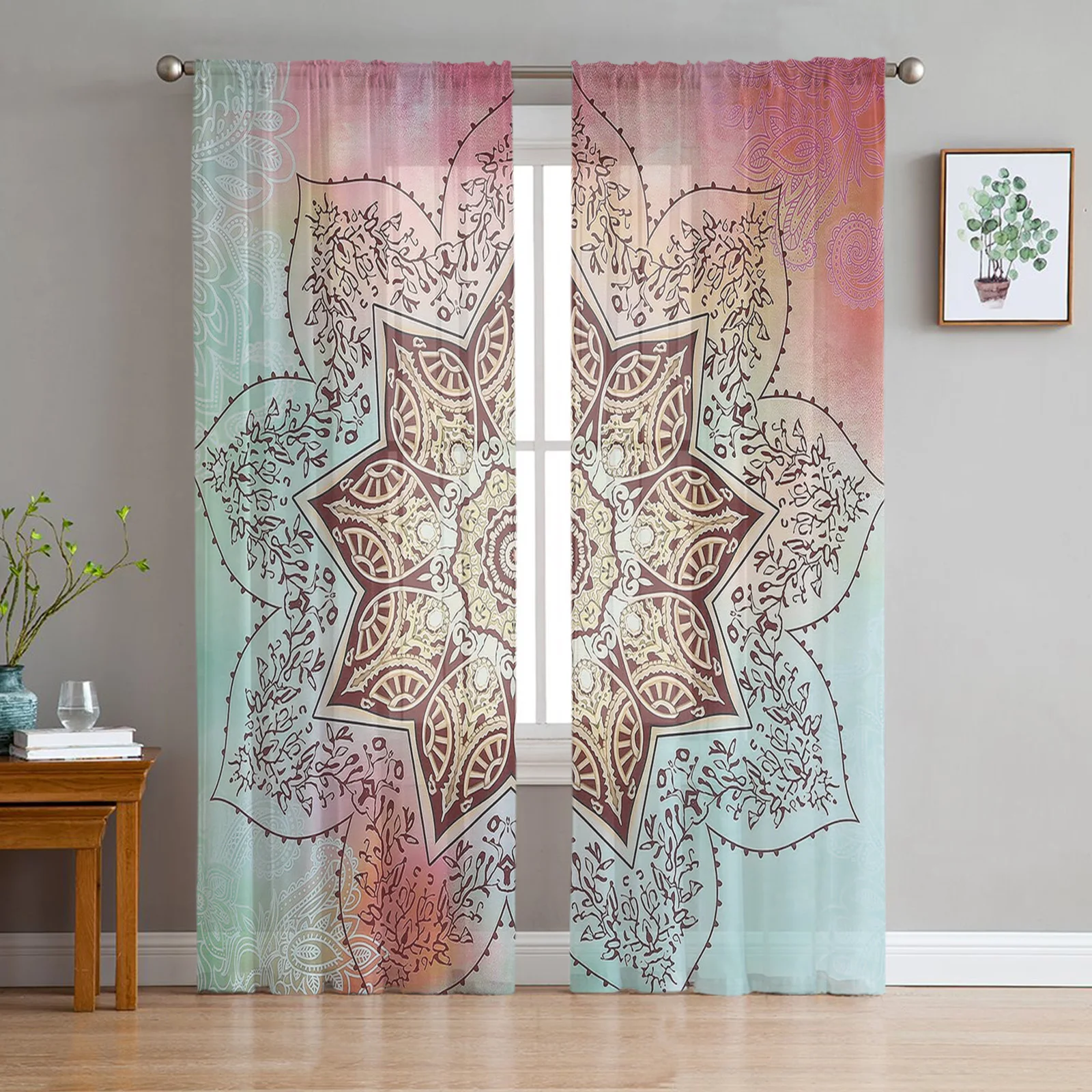 Mandala Gradient Flower Sheer Curtains for Bedroom Living Room ration ...