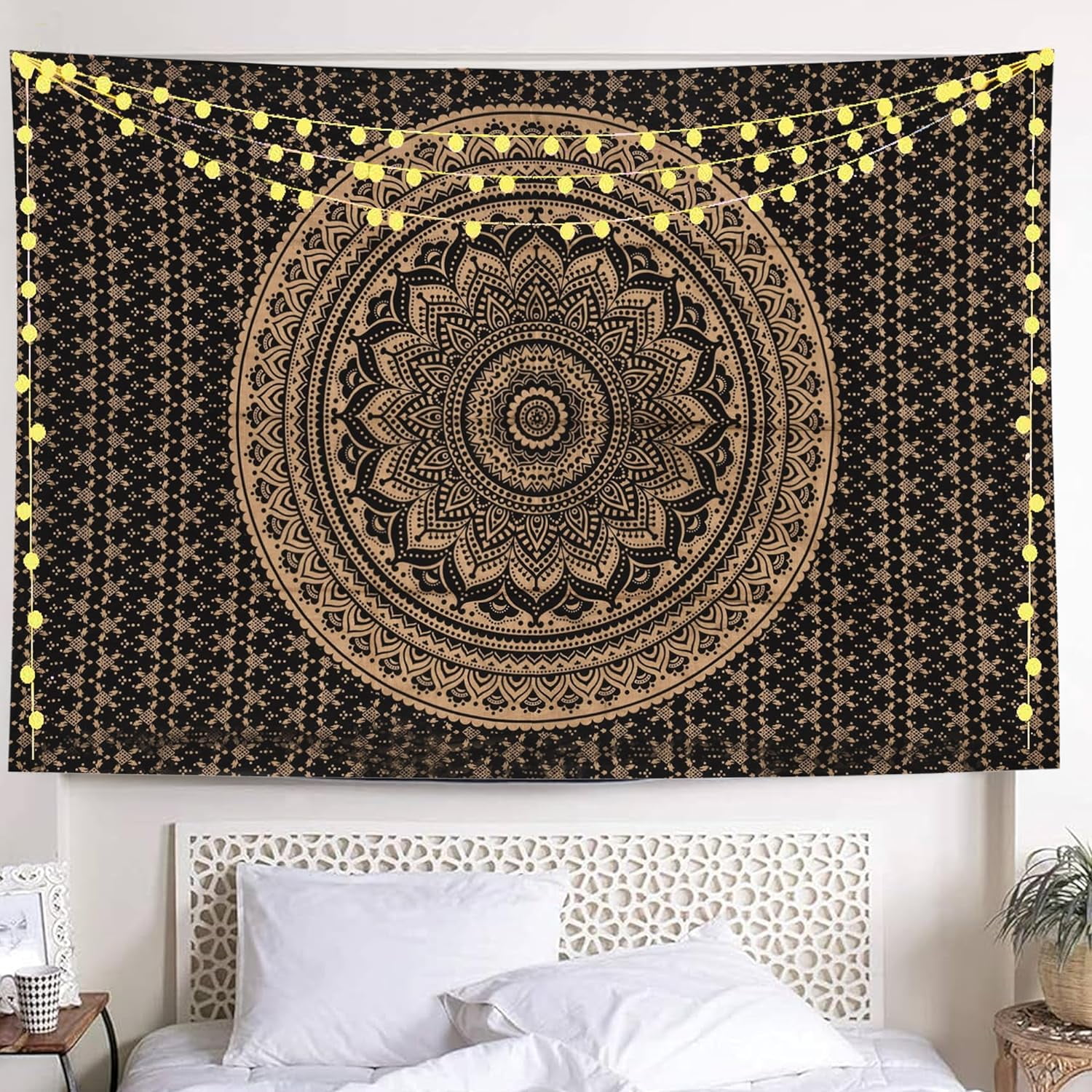 Mandala Hangings Tapestry Gold and Black Indian Cotton Beach, Bohemian ...