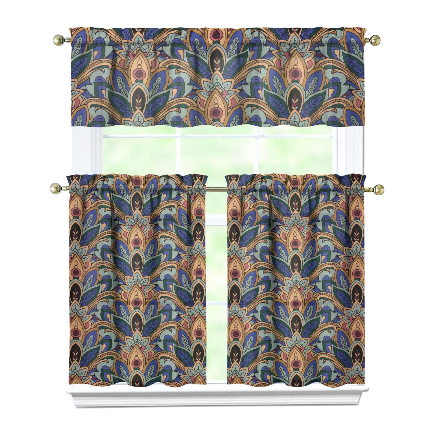 Mandala Inspired Paisley Kitchen Curtains 3-Piece Set - Exotic Artwork ...