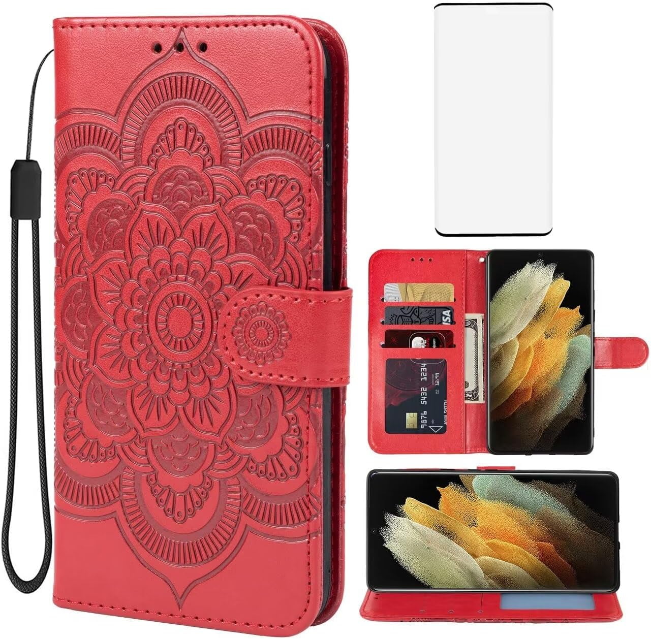 Mandala Leather Flip Wallet Cell Phone Case with Tempered Glass Screen ...