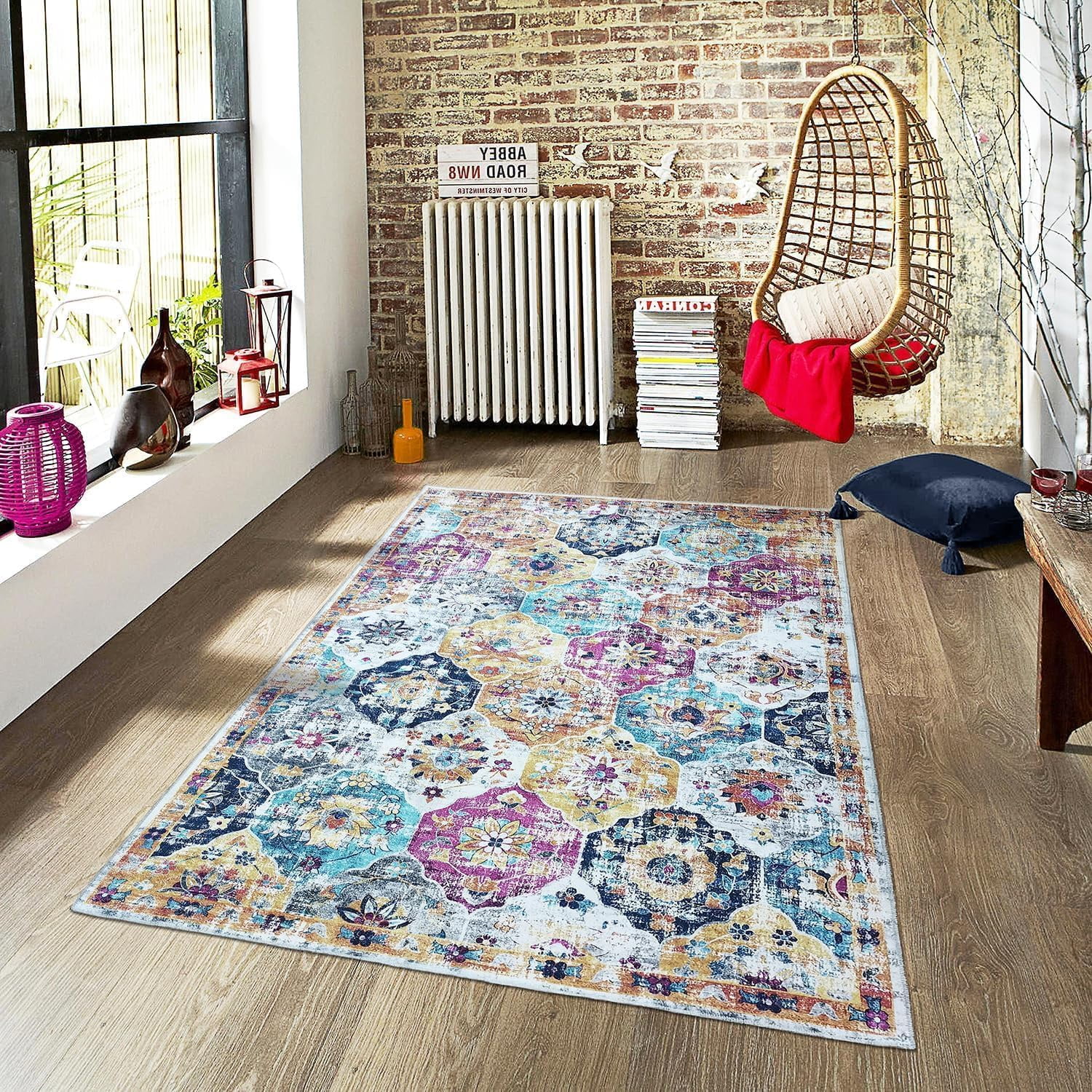 Mandala Machine Washable Area Rug (4' x 6') Non-Slip Low Profile Pile ...