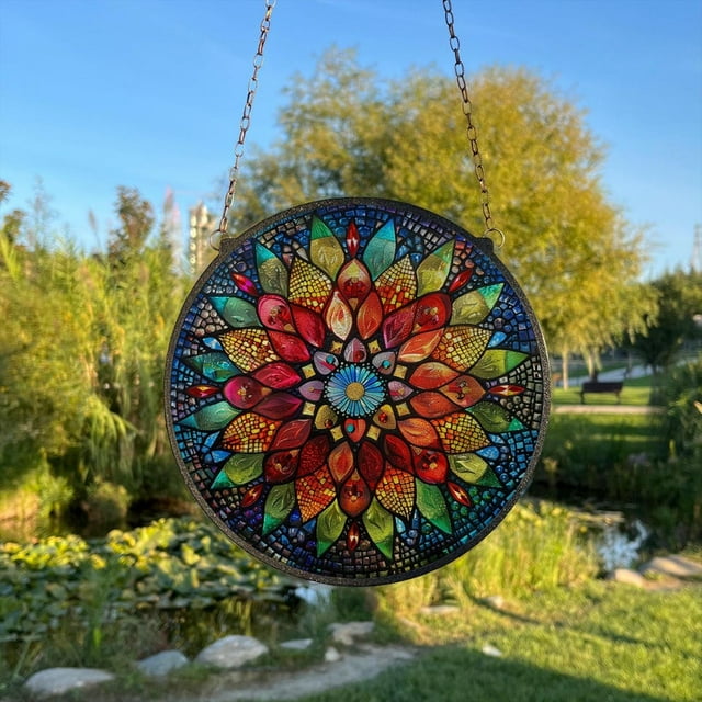 Mandala Painted Stained Glass Suncatcher, Window Hanging Decor, Outdoor ...