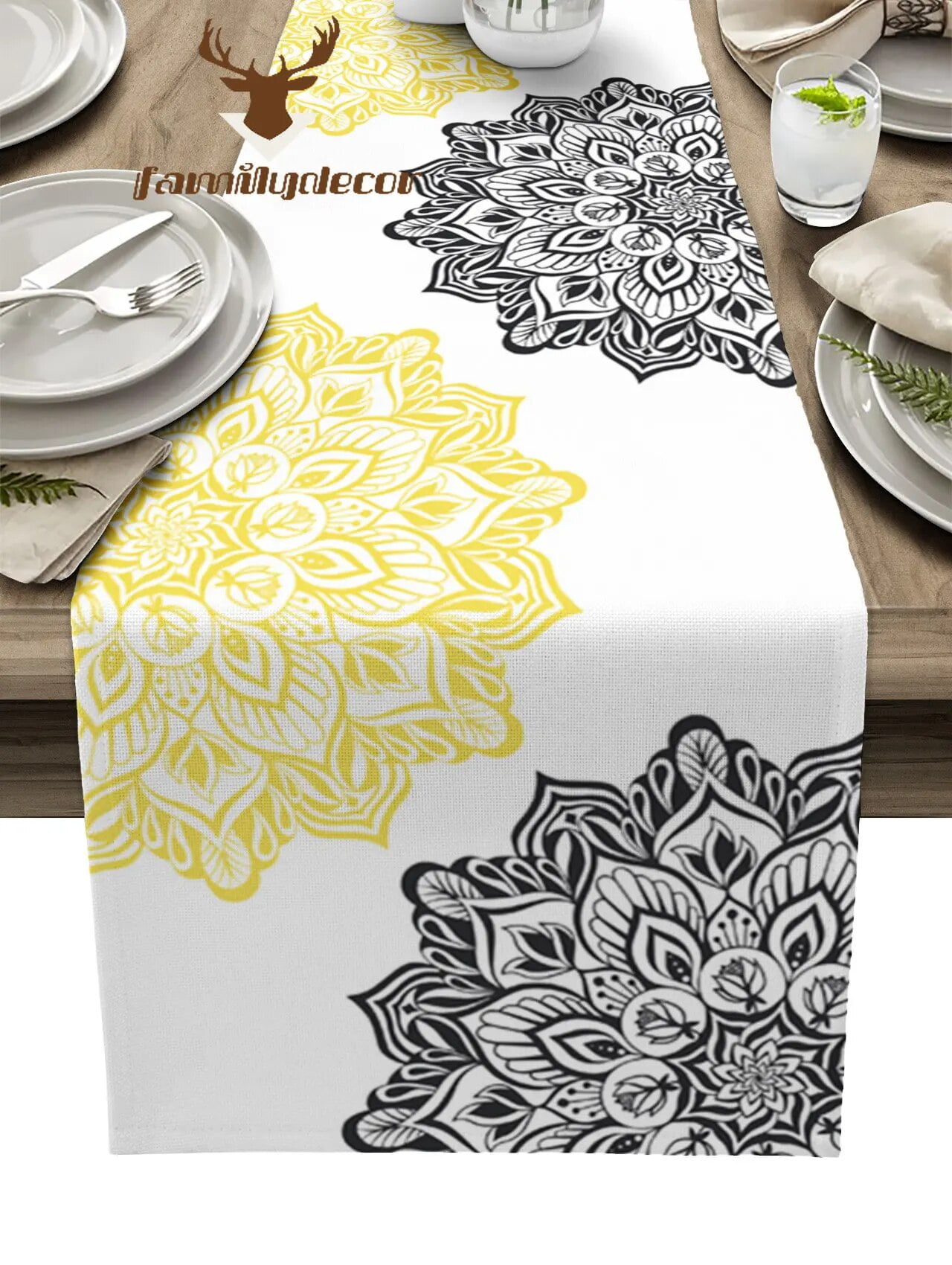 Mandala Pattern Black Yellow Texture Table Runner Home Wedding Table ...