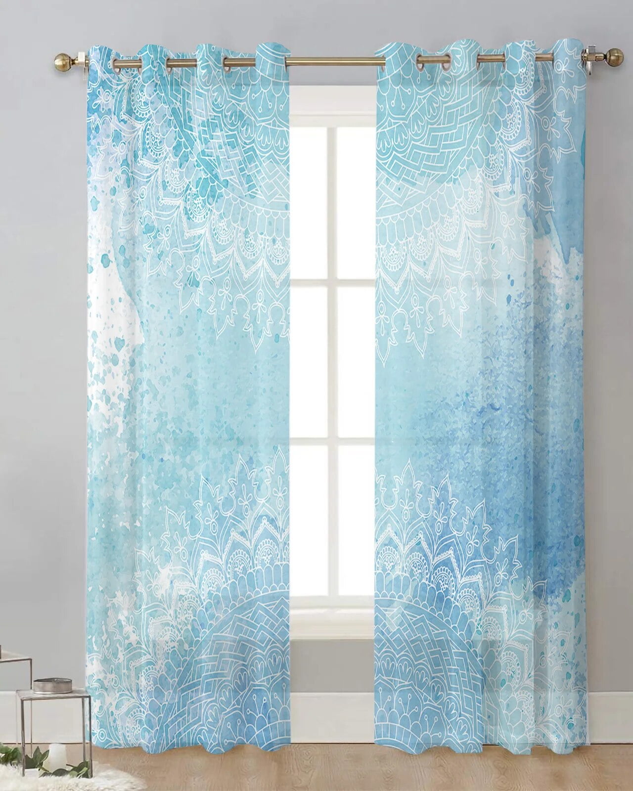 Mandala Pattern Blue Tulle Drapes for Living Room Bedroom Sheer Window ...