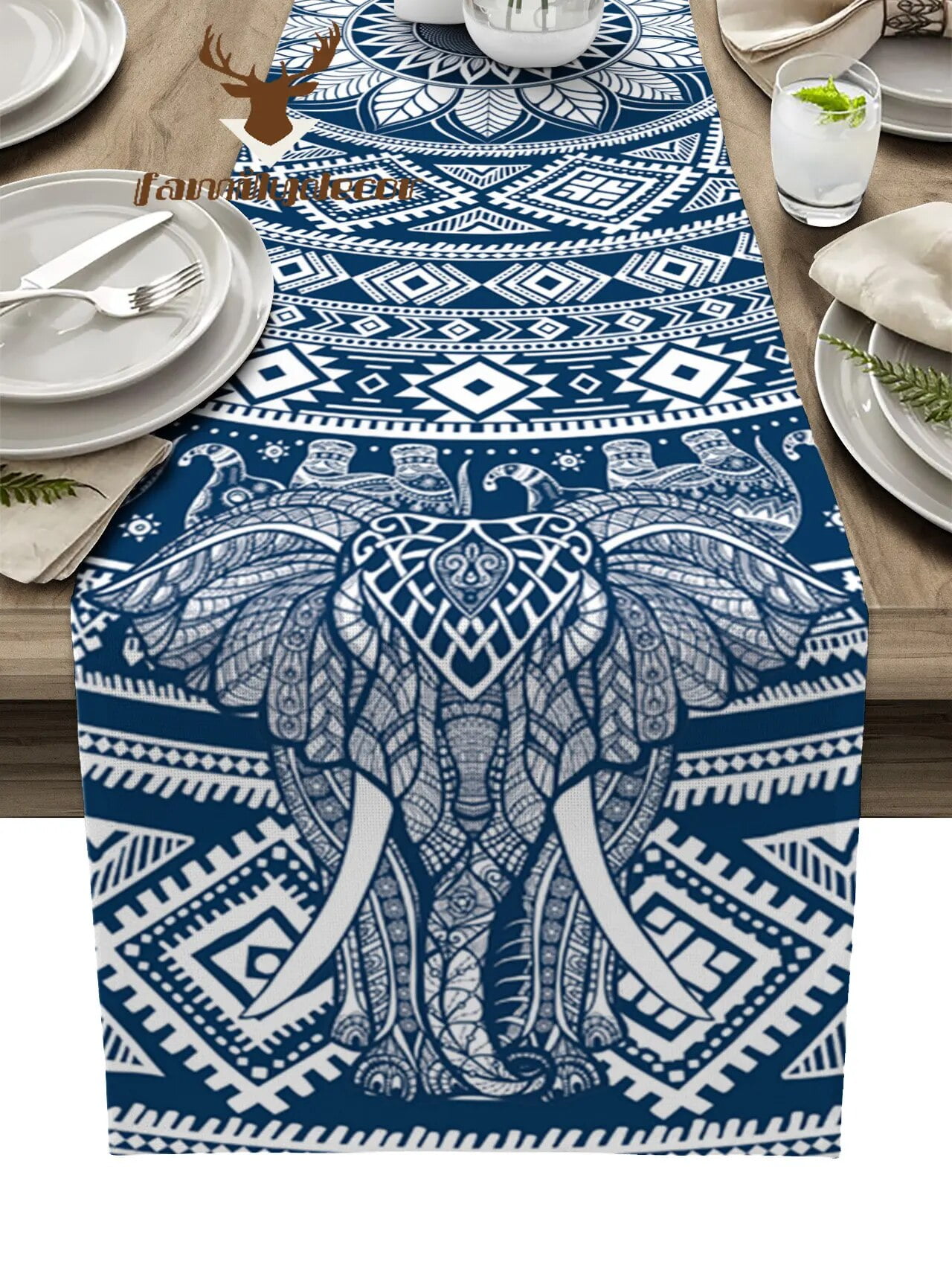 Mandala Pattern Elephant Blue Table Runner Home Wedding Table Flag Mat ...