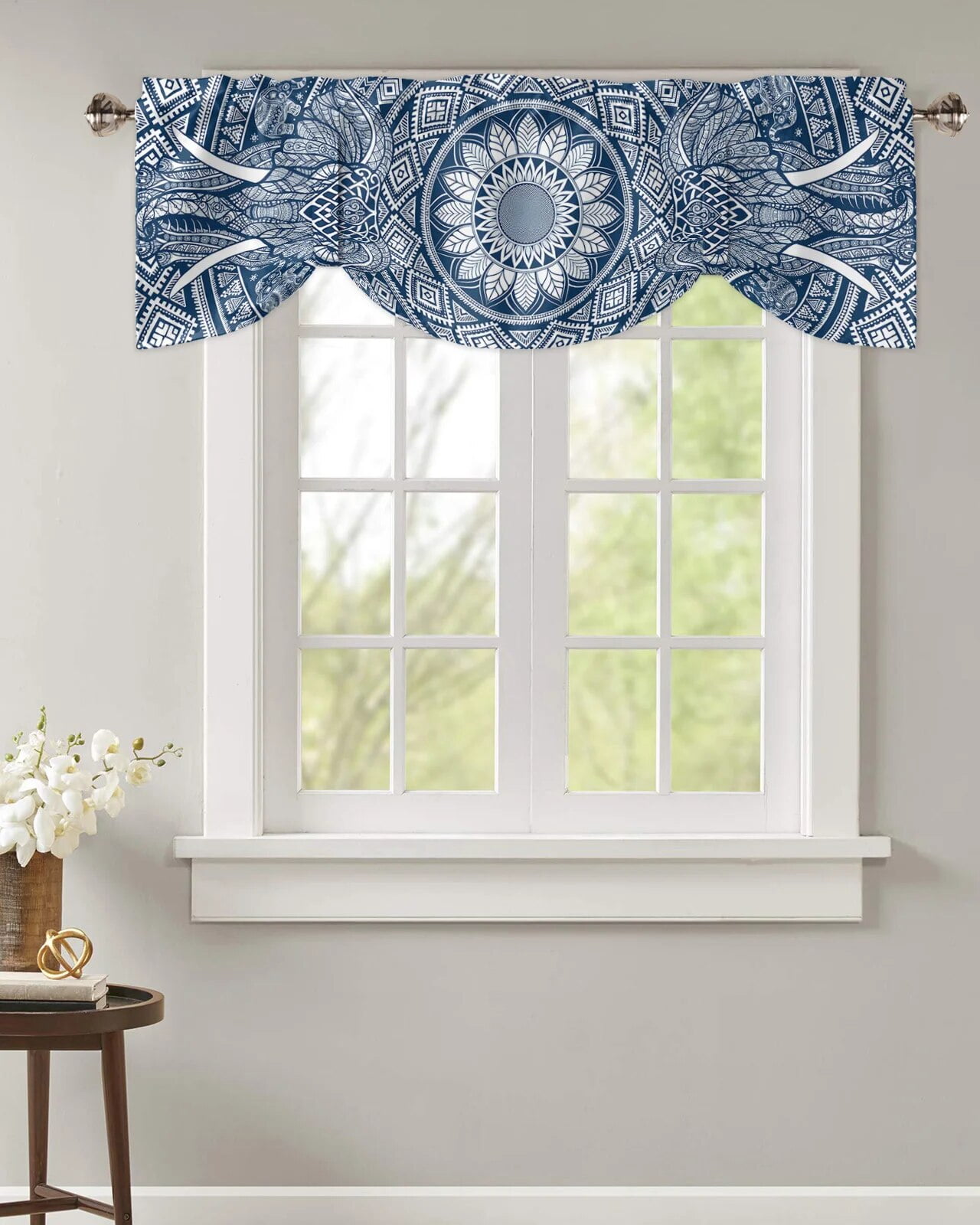 Mandala Pattern Elephant Blue Window Valance Curtain Kitchen Cafe Short ...