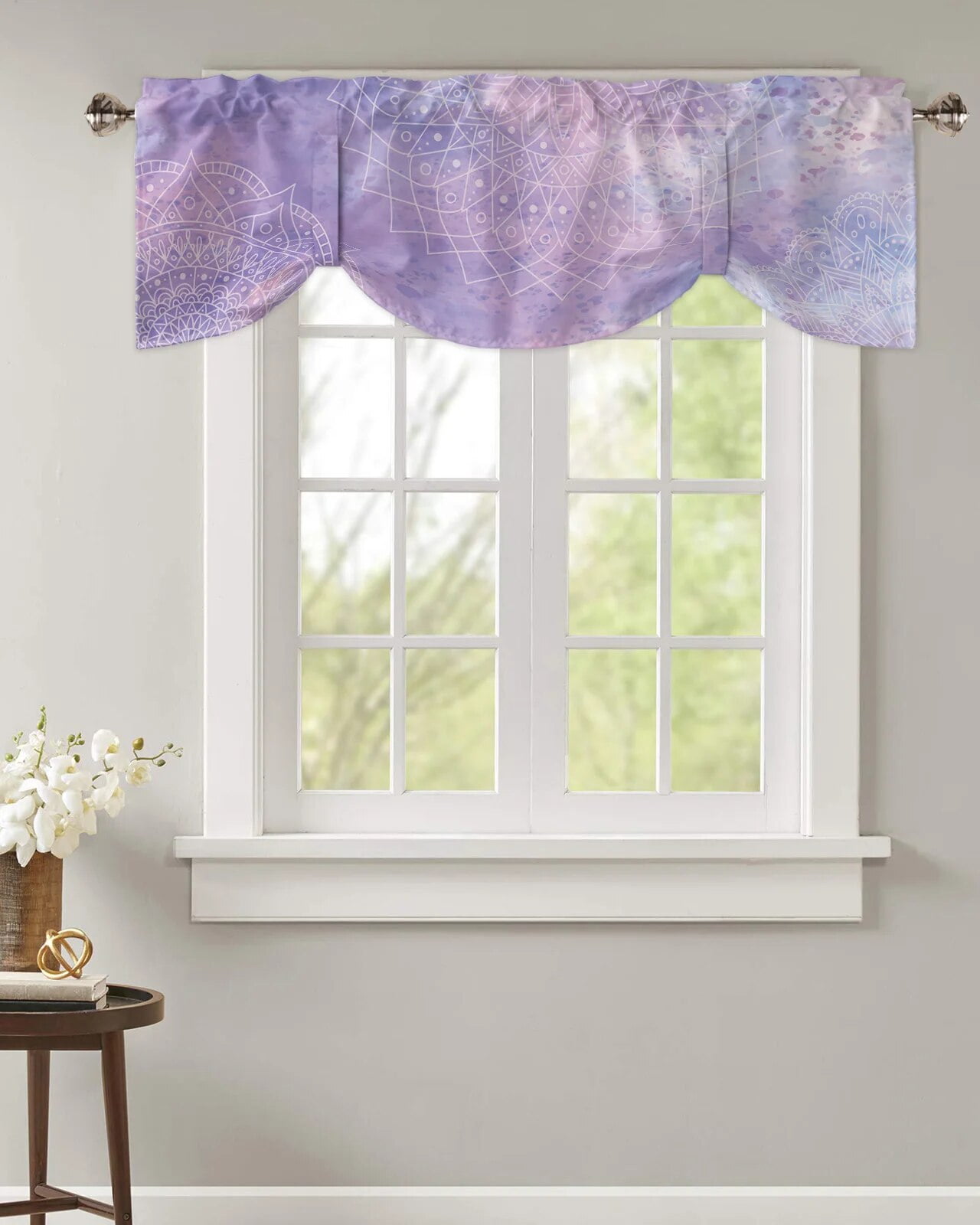 Mandala Pattern Purple Watercolor Small Curtain Rod Pocket Short ...