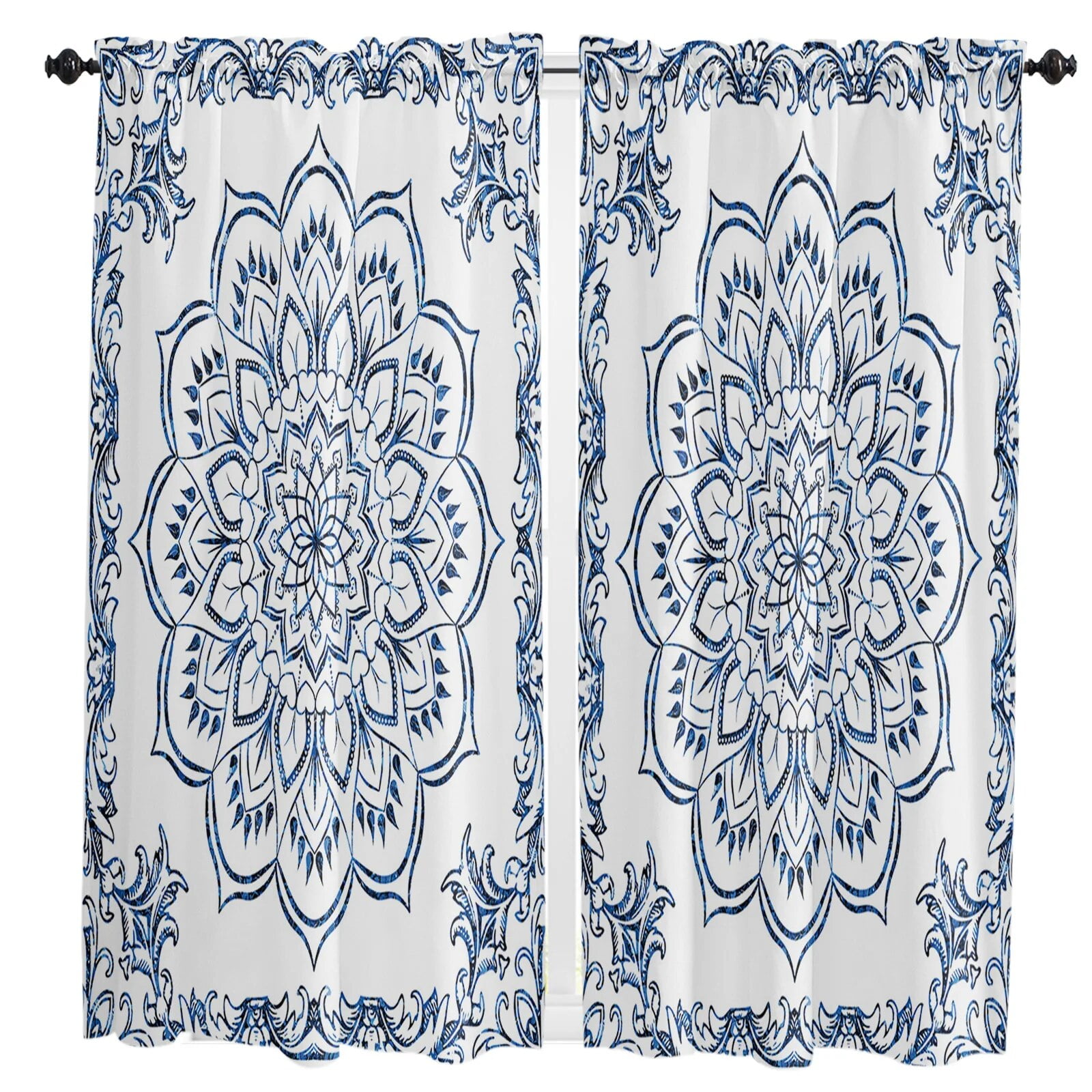 Mandala Pattern Retro Blue Small Curtain Rod Pocket Short Curtains Half ...