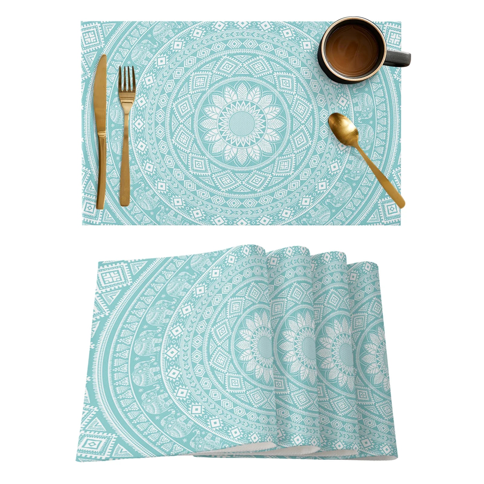 Mandala Pattern Water Blue Placemat for Dining Table Tableware Mats 4 ...