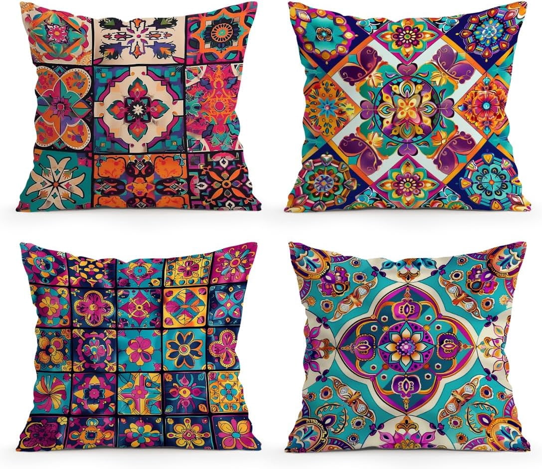 Mandala Pillow Covers 18x18 Set of 4 Bohemia Plaid Decor Cushion Case ...