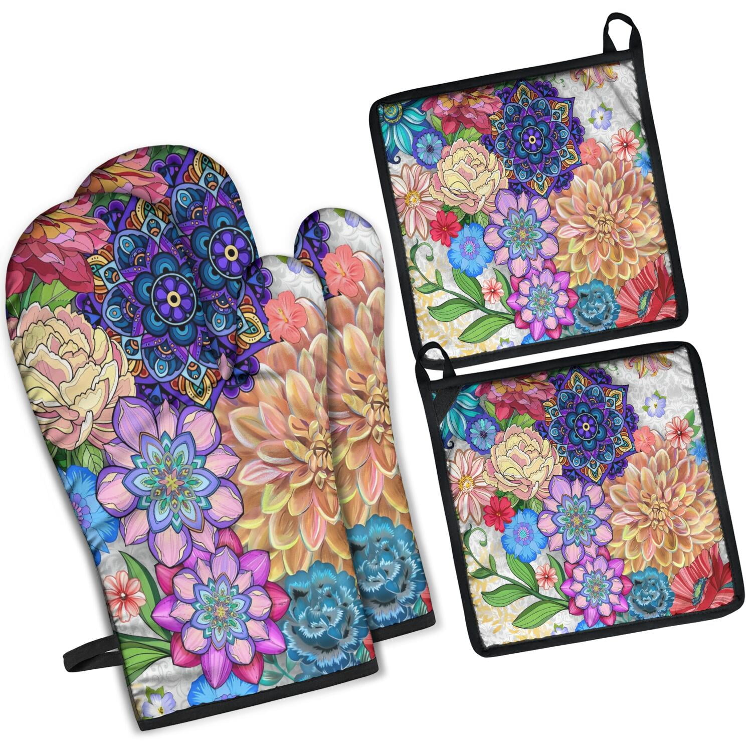 Mandala Pioneer Flower Collage Kitchen Oven Mitt and Pot Holder Sets 4 ...