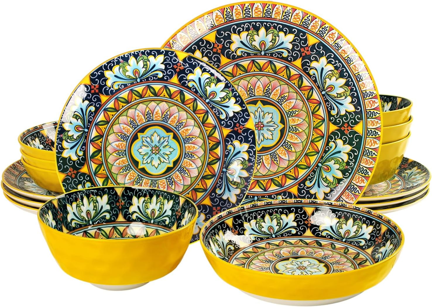 Mandala Plates and Bowls Set, Porcelain Dishes (16 Pieces) Service for ...