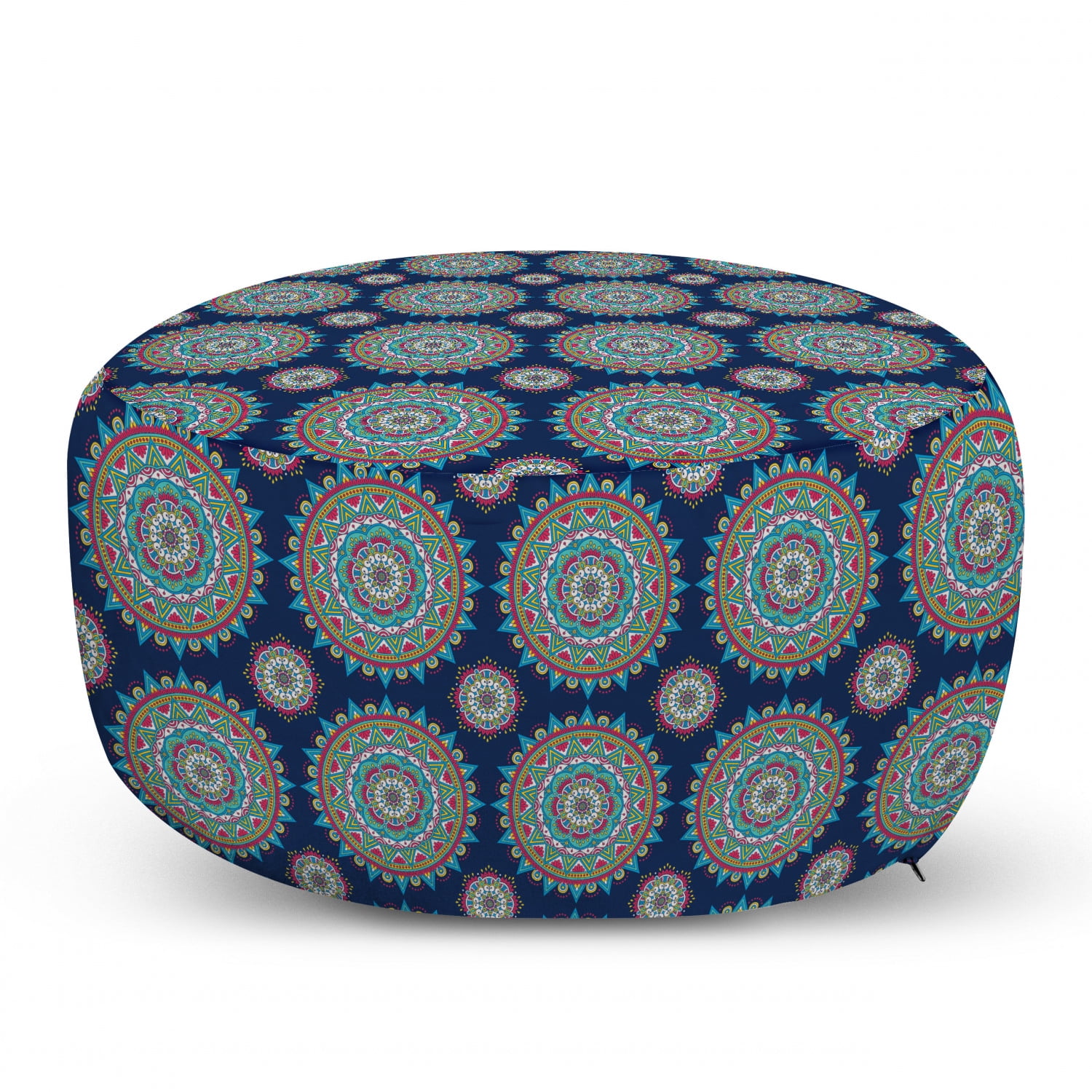 Mandala Pouf Cover with Zipper, Big and Small Flowers Chinese Design ...