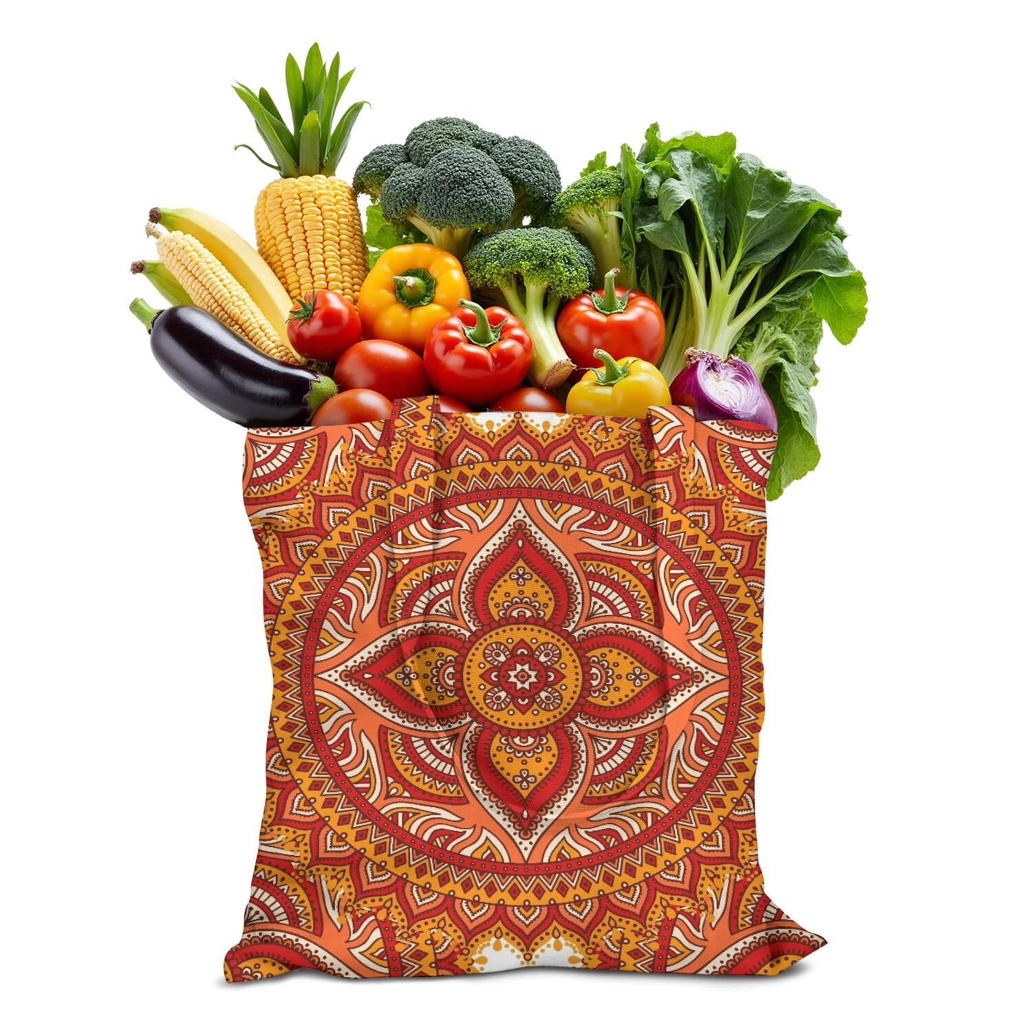 Mandala Print Reusable Canvas Tote Bag - Boho Tribal Ethnic Design with ...