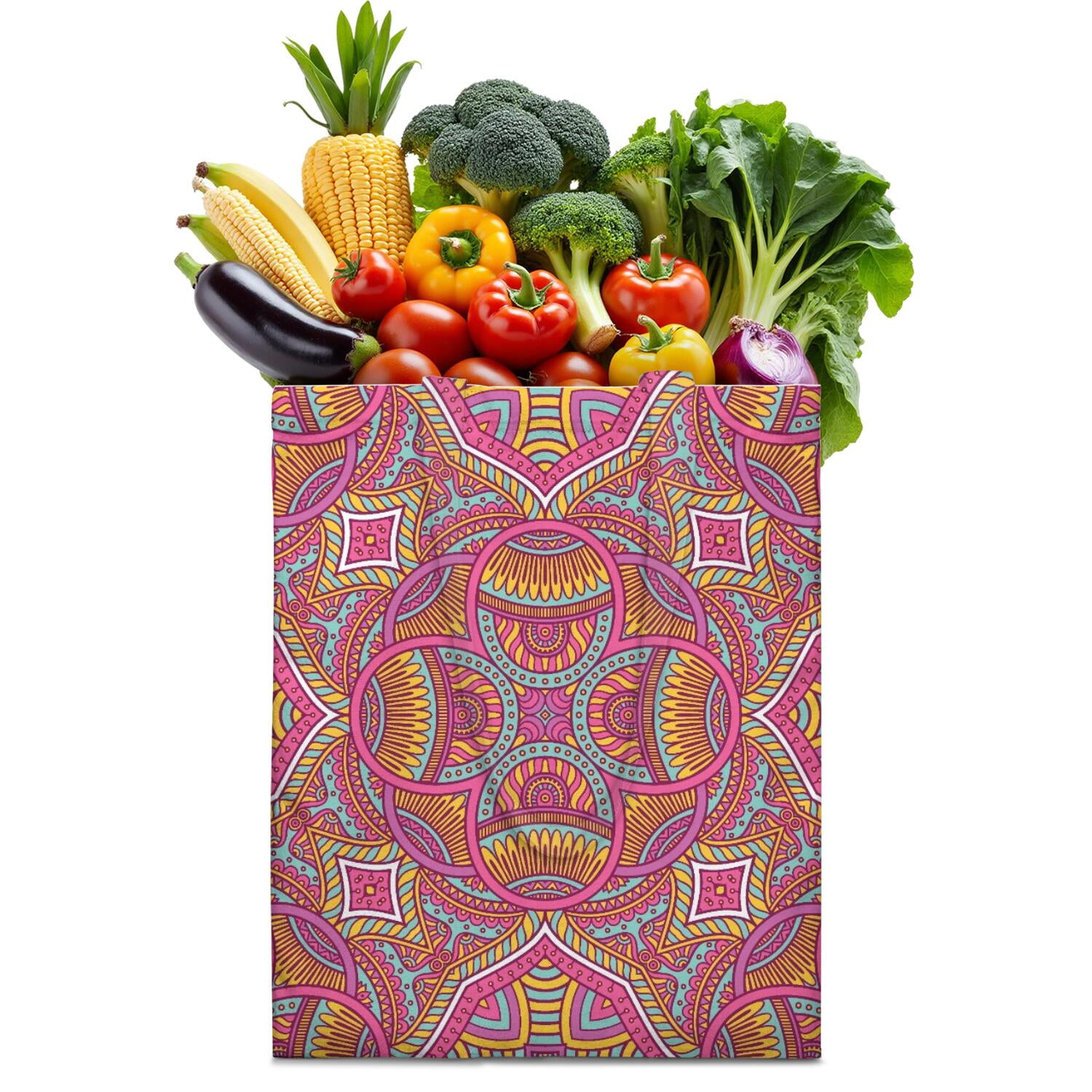 Mandala Print Reusable Canvas Tote Bag - Boho Tribal Ethnic Design with ...