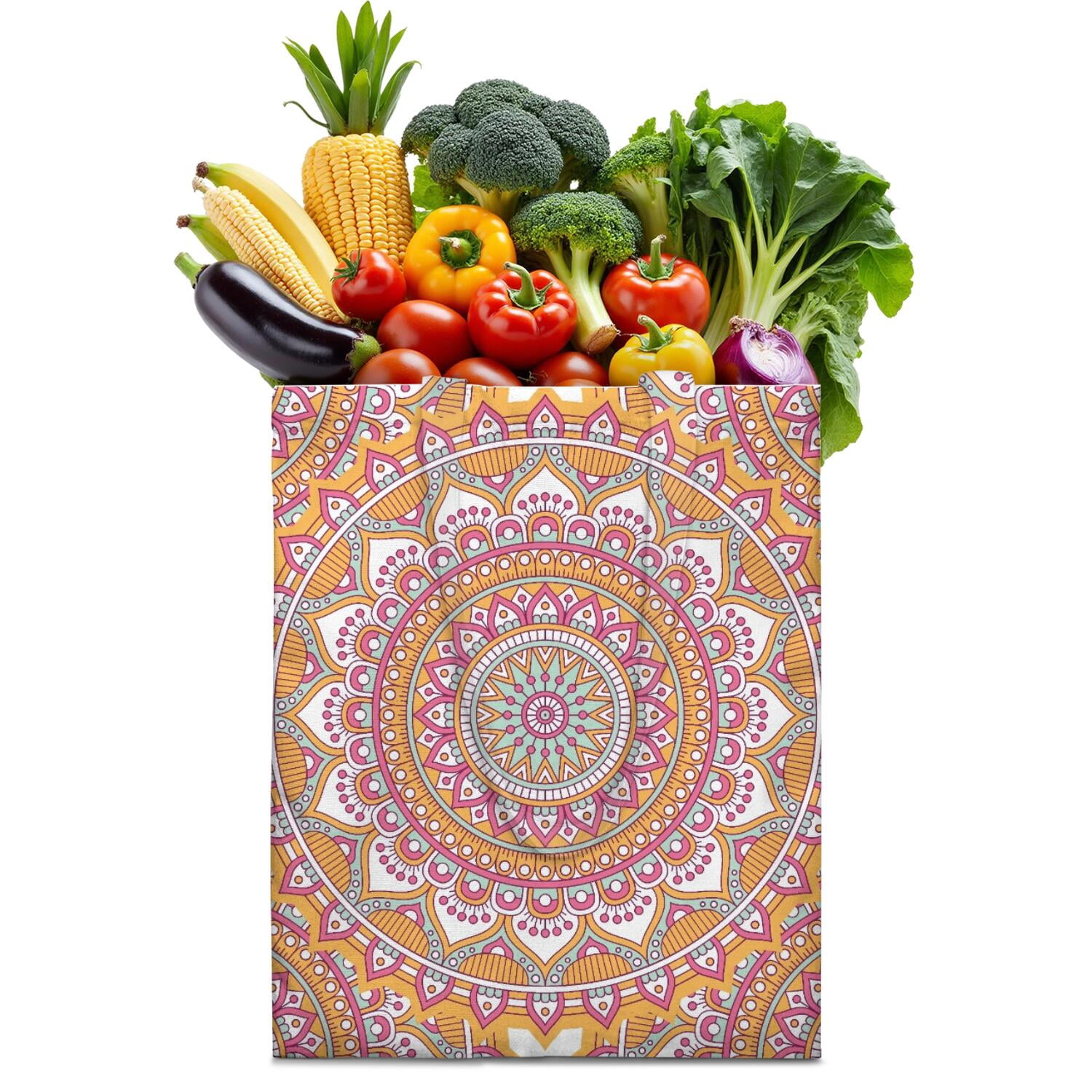 Mandala Print Reusable Canvas Tote Bag - Boho Tribal Ethnic Design with ...
