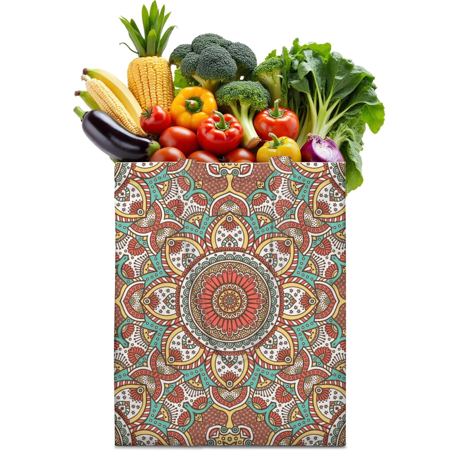Mandala Print Reusable Canvas Tote Bag - Boho Tribal Ethnic Design with ...