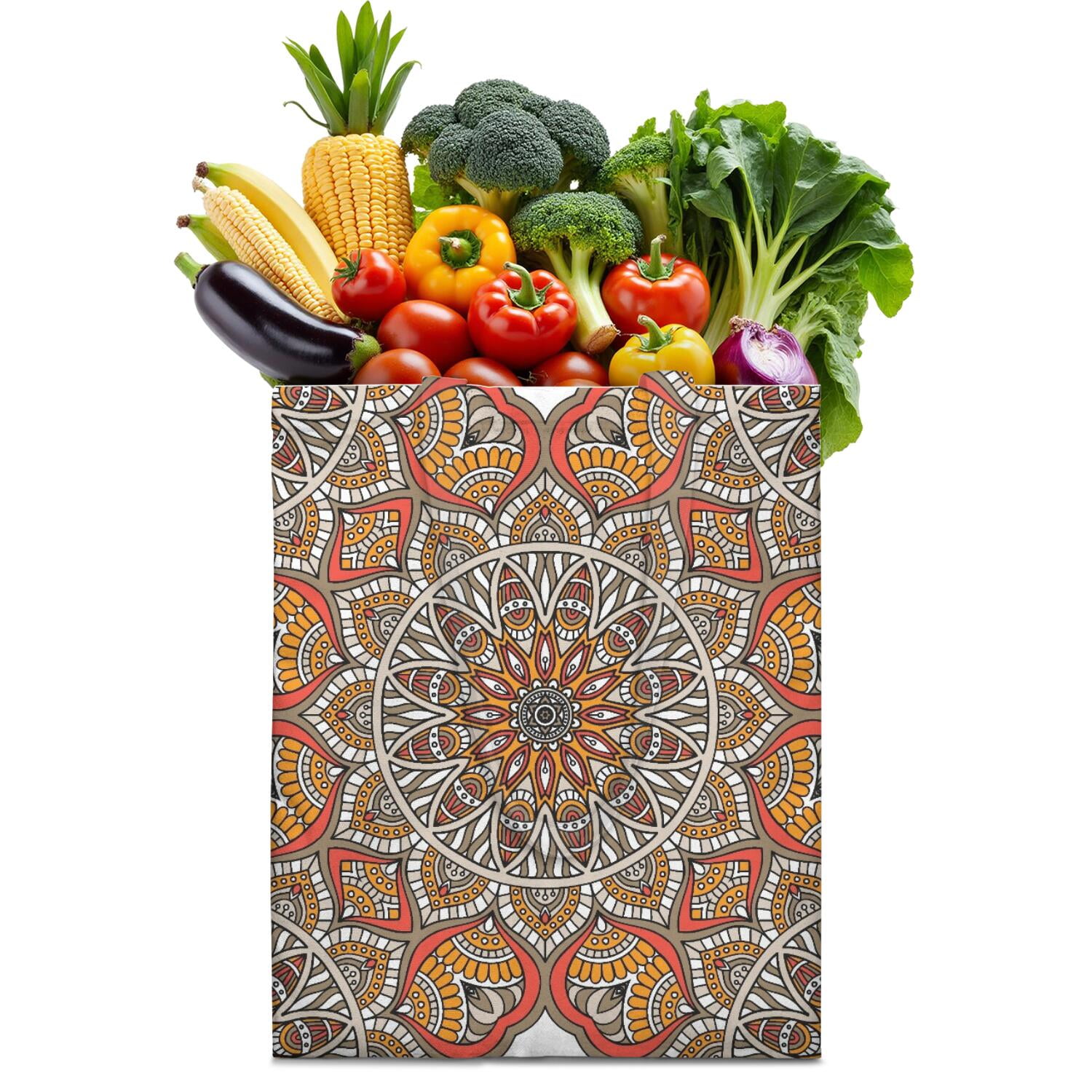 Mandala Print Reusable Canvas Tote Bag - Boho Tribal Ethnic Design with ...