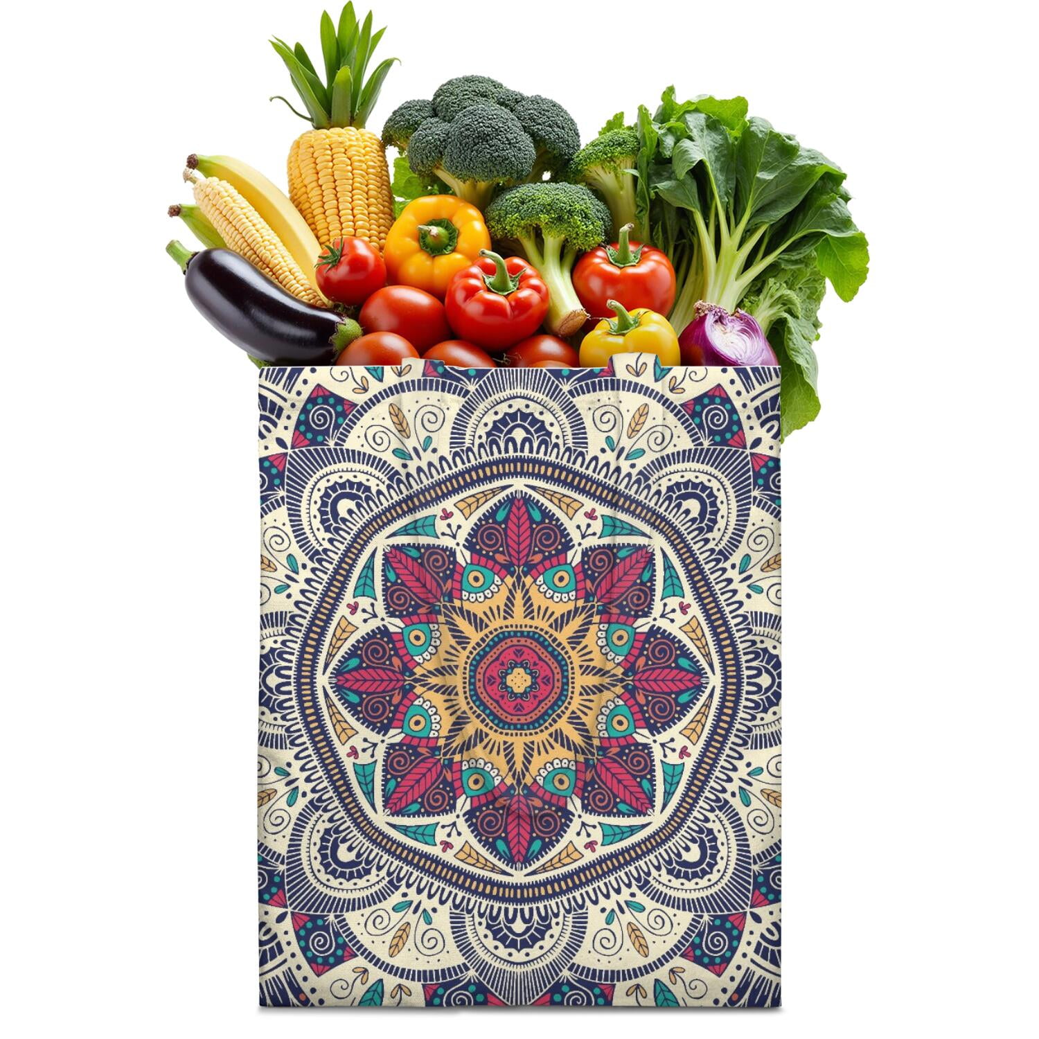 Mandala Print Reusable Canvas Tote Bag - Boho Tribal Ethnic Design with ...