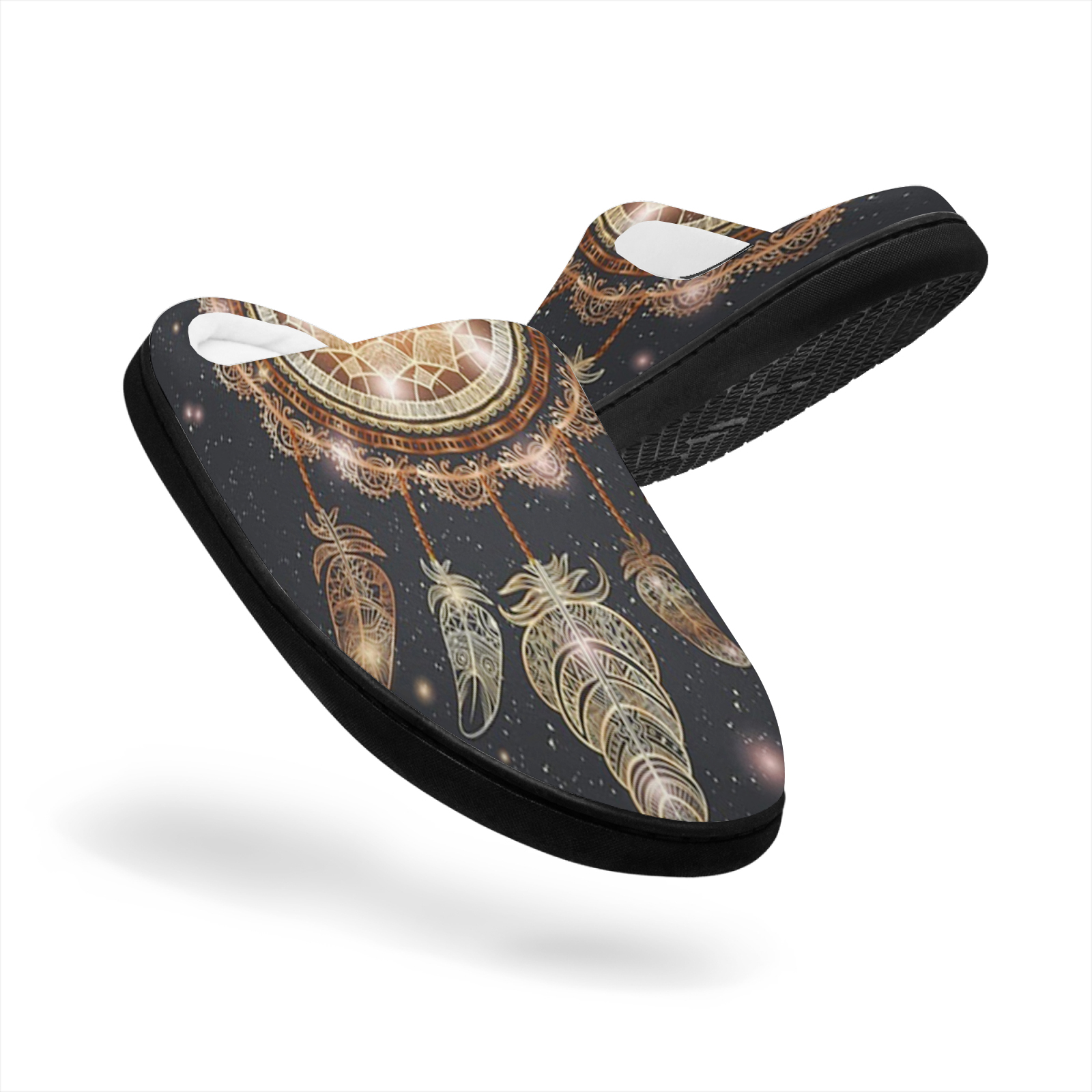 Mandala Print,Womens Cozy flannel Slippers Soft Slip on,Magic Feathers ...