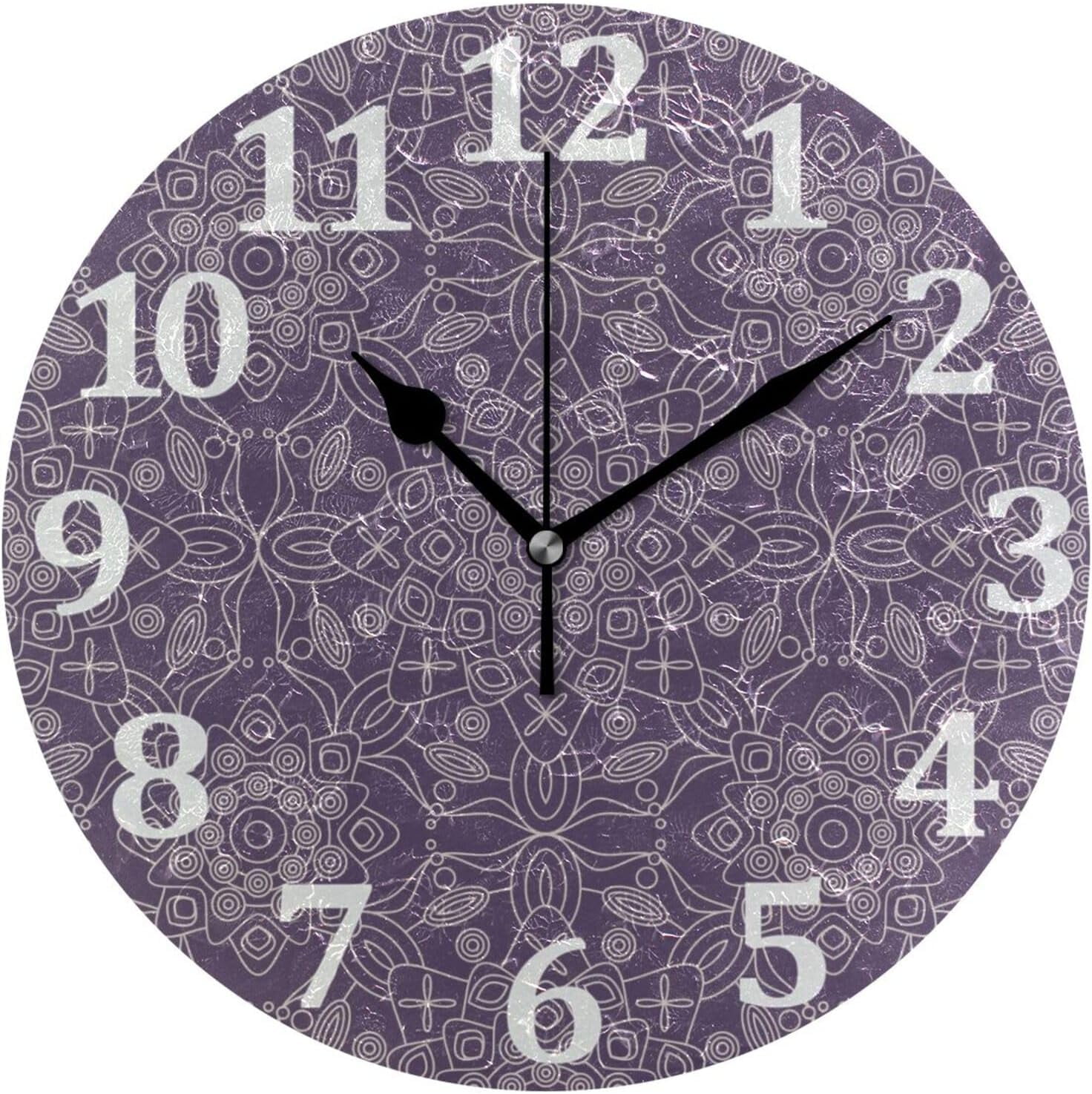 Mandala on Purple Wall Clock Round Vintage Silent Non Ticking Battery ...