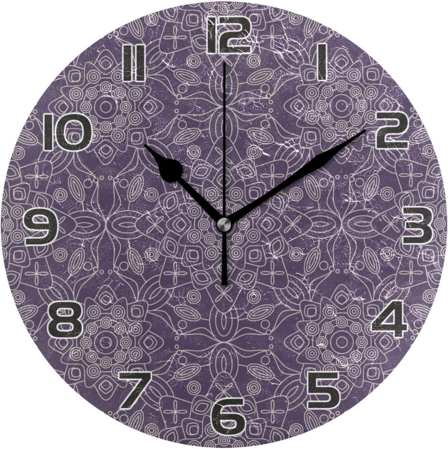 Mandala on Purple Wall Clock Round Vintage Silent Non Ticking Battery ...