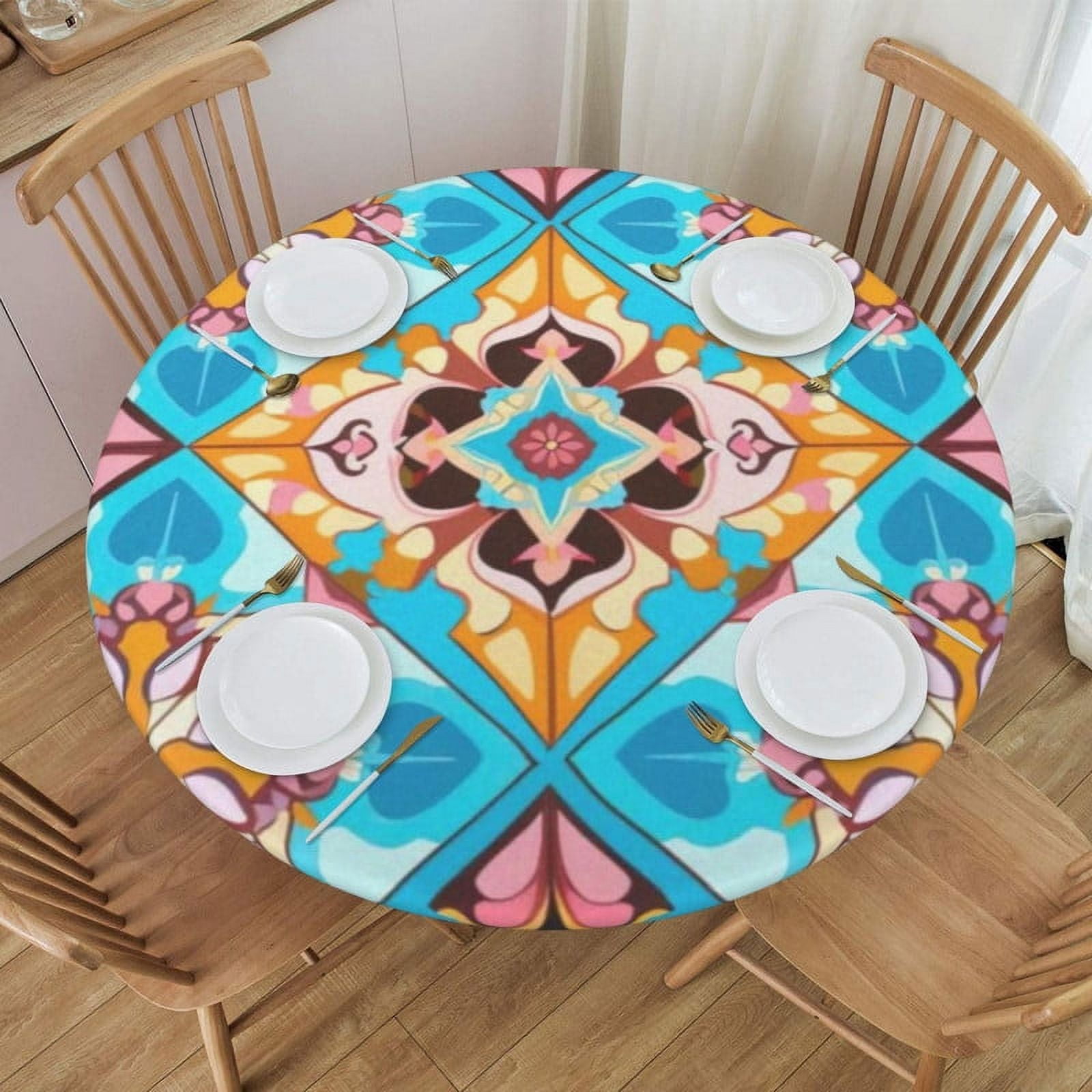 Mandala Round Fitted Tablecloth with Elastic Fitted Table Covers for ...