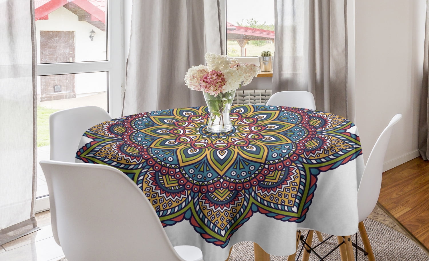 Mandala Round Tablecloth, Design in Colorful Vivid Scheme with Floral ...