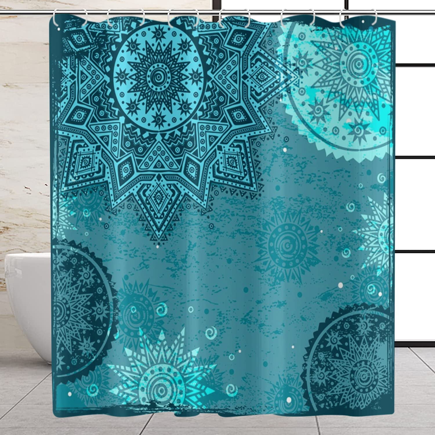 Mandala Shower Curtain, Teal Indian Bohemian Mandala Medallion Floral ...