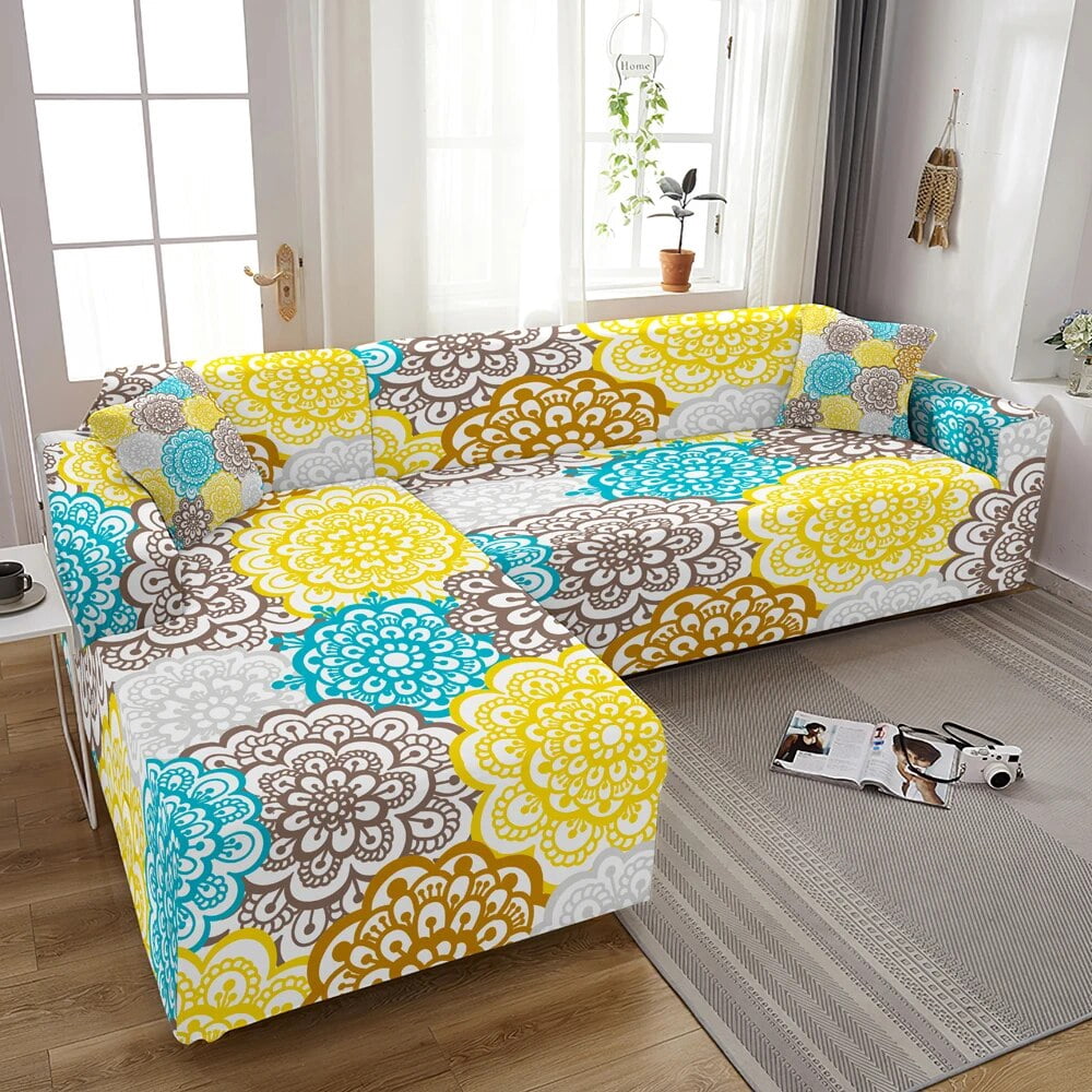 Mandala Sofa Cover Stretch 3D Flower Printed Elastic Couch Cover Case for Corner Sectional Sofa ...