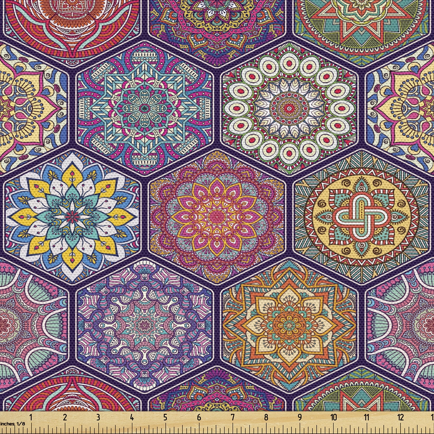 Ambesonne Mandala Fabric by the Yard Upholstery, Oriental Hexagon Motif ...