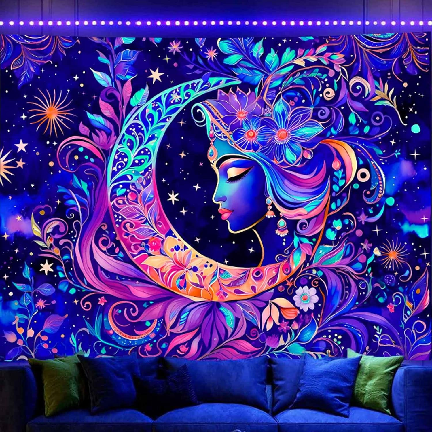 Mandala Sun Moon Starry Night Blacklight Wall Tapestry, UV Reactive ...