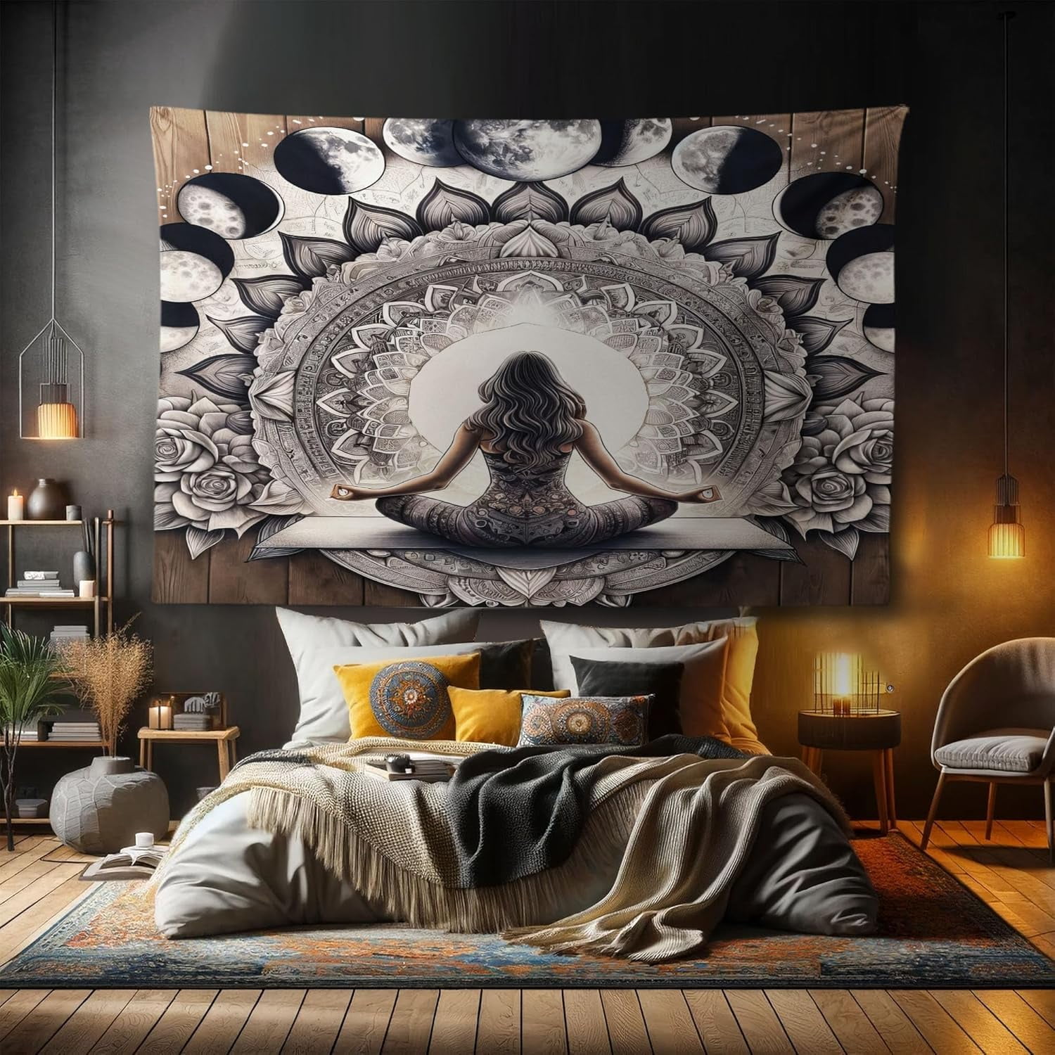 Mandala Tapestry, Meditating Lady with Ethnic Florals and Lunar Phases ...