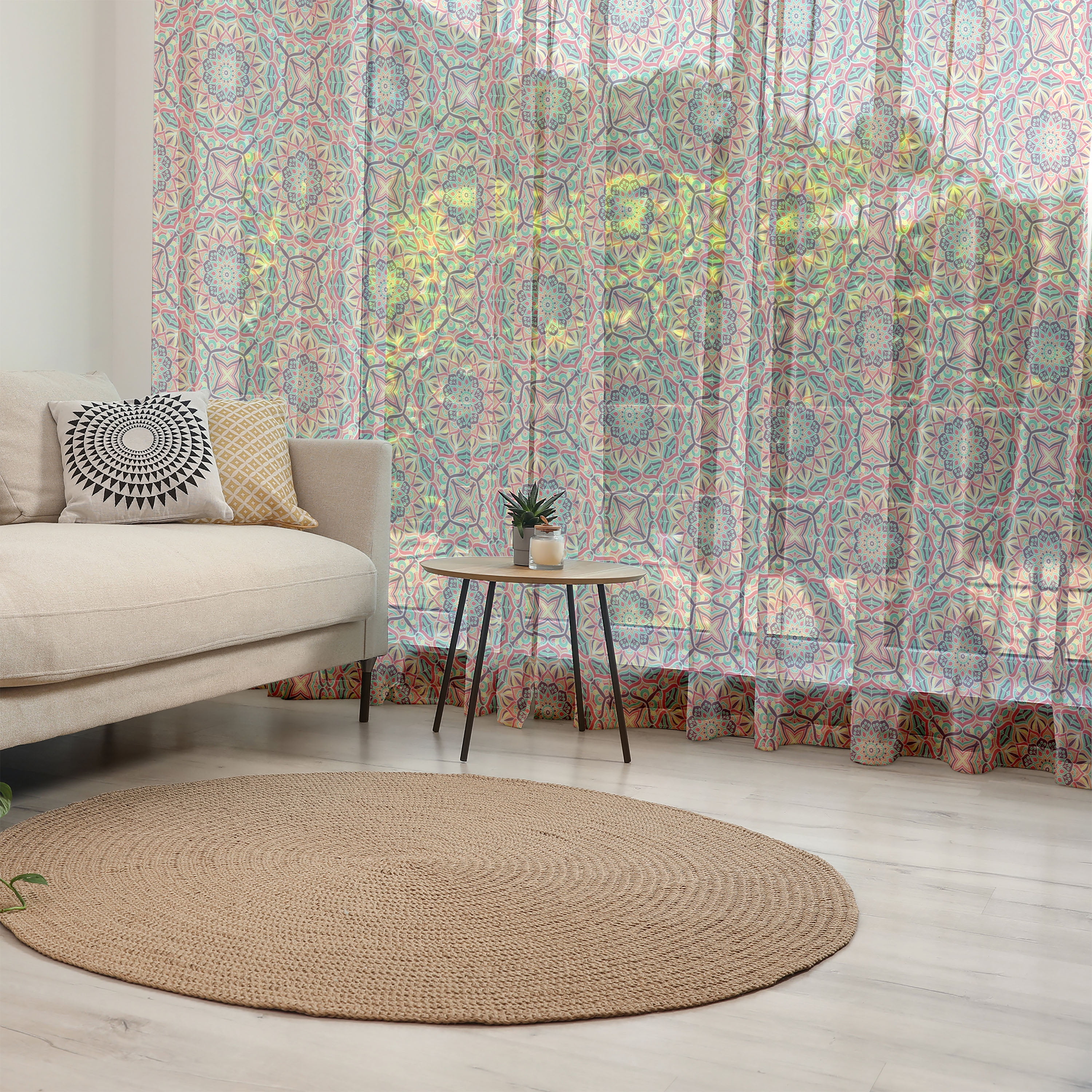 Mandala Tulle Curtains with Rod Pocket, Composition with Blooming ...
