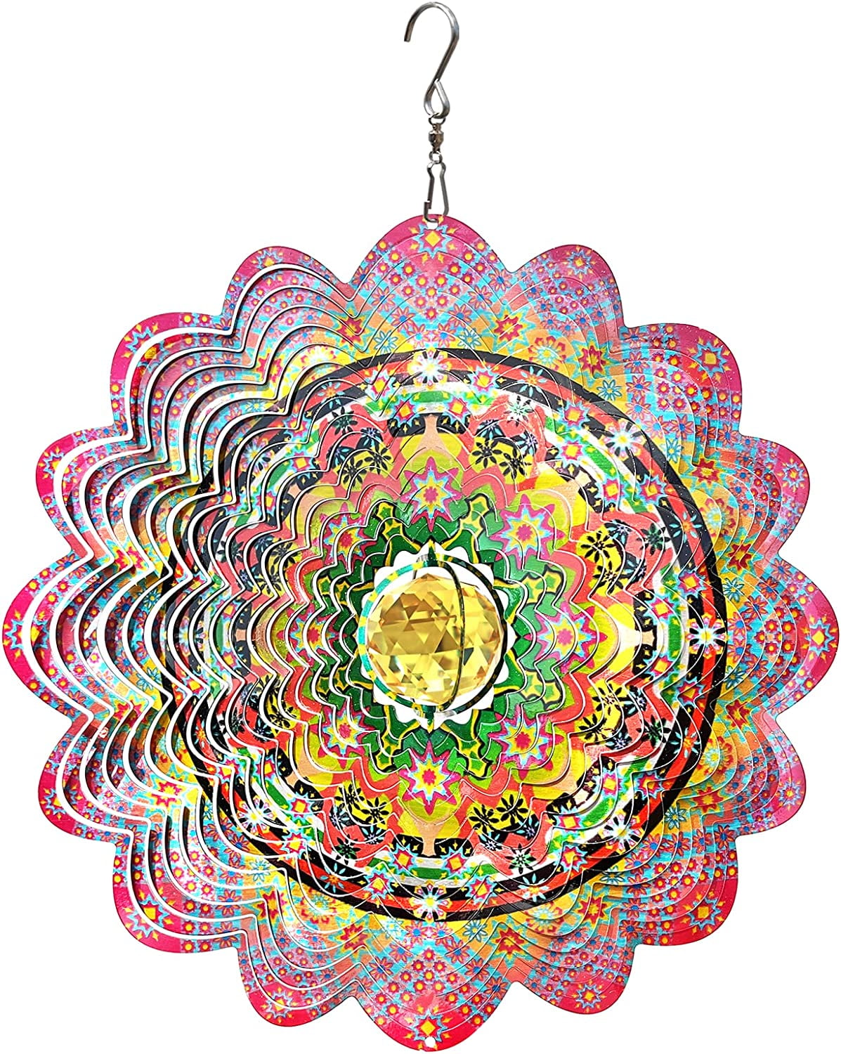 Mandala Wind Spinner w/Crystal Ball-Romatic Flower 3D Stainless Steel ...