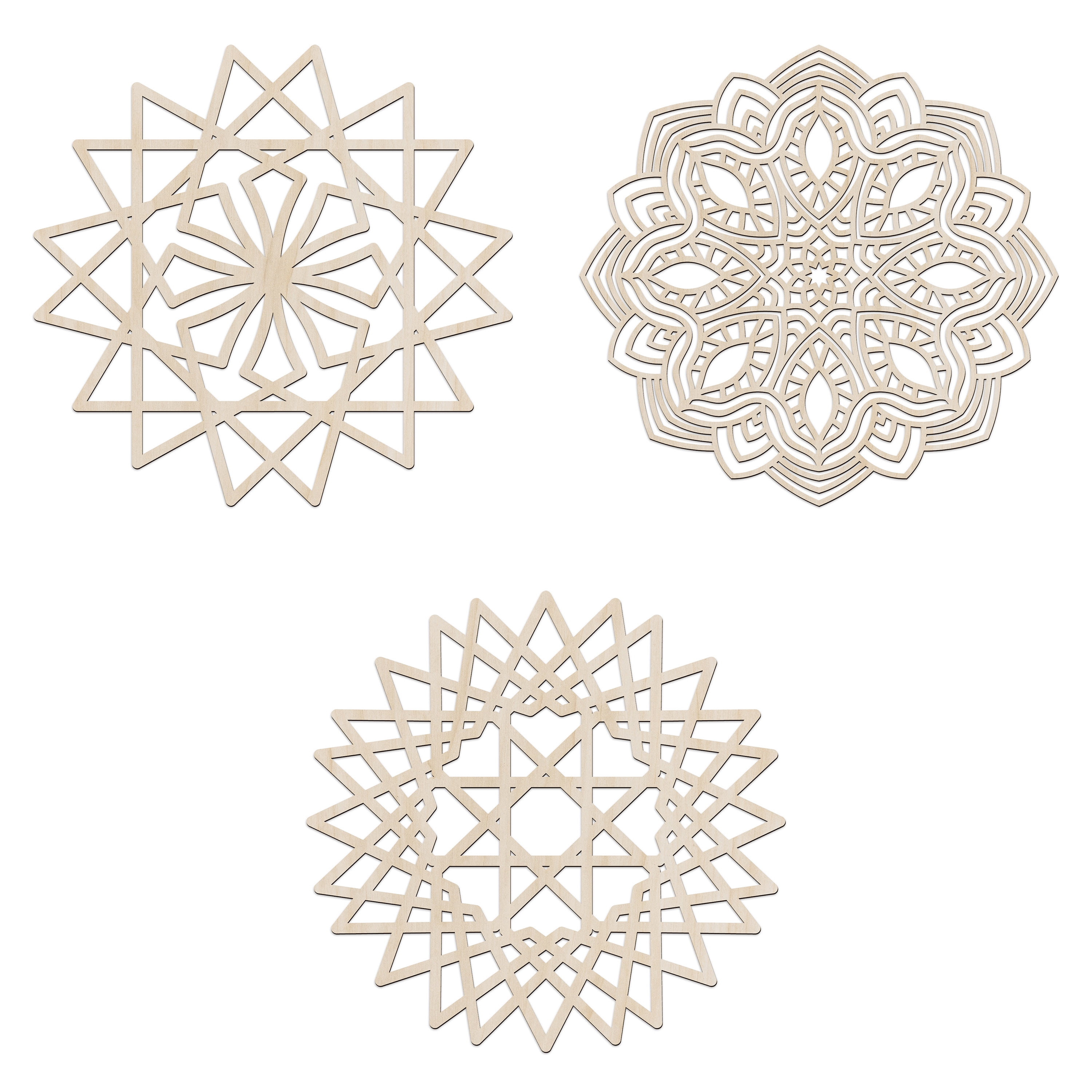 Mandala Wooden Wall Art Set of 3, Nature Whirls and Leafy Details Line ...