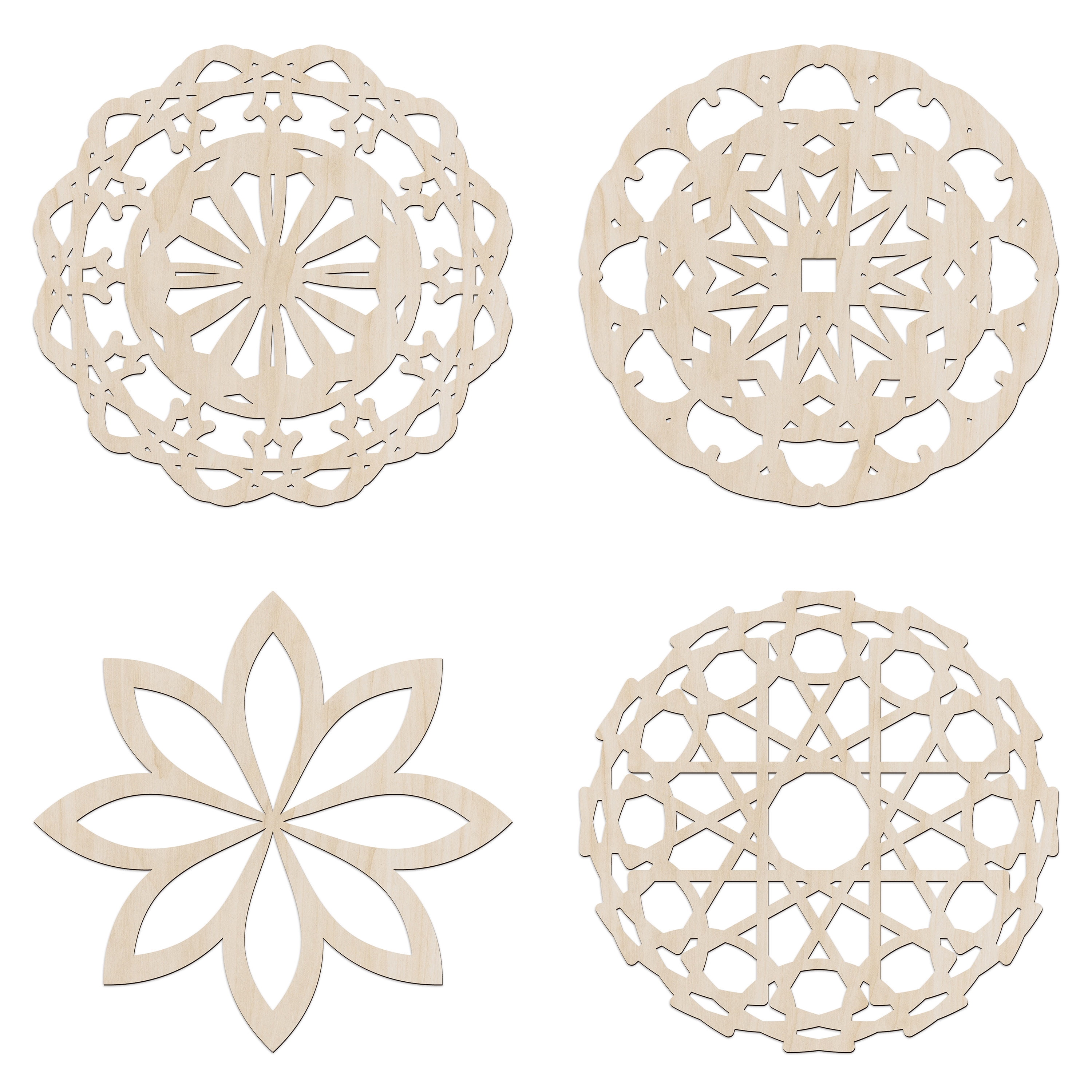 Mandala Wooden Wall Art Set of 4, Floral Oriental Boho Motif Petal Bloom, Birch Plywood Rustic ...
