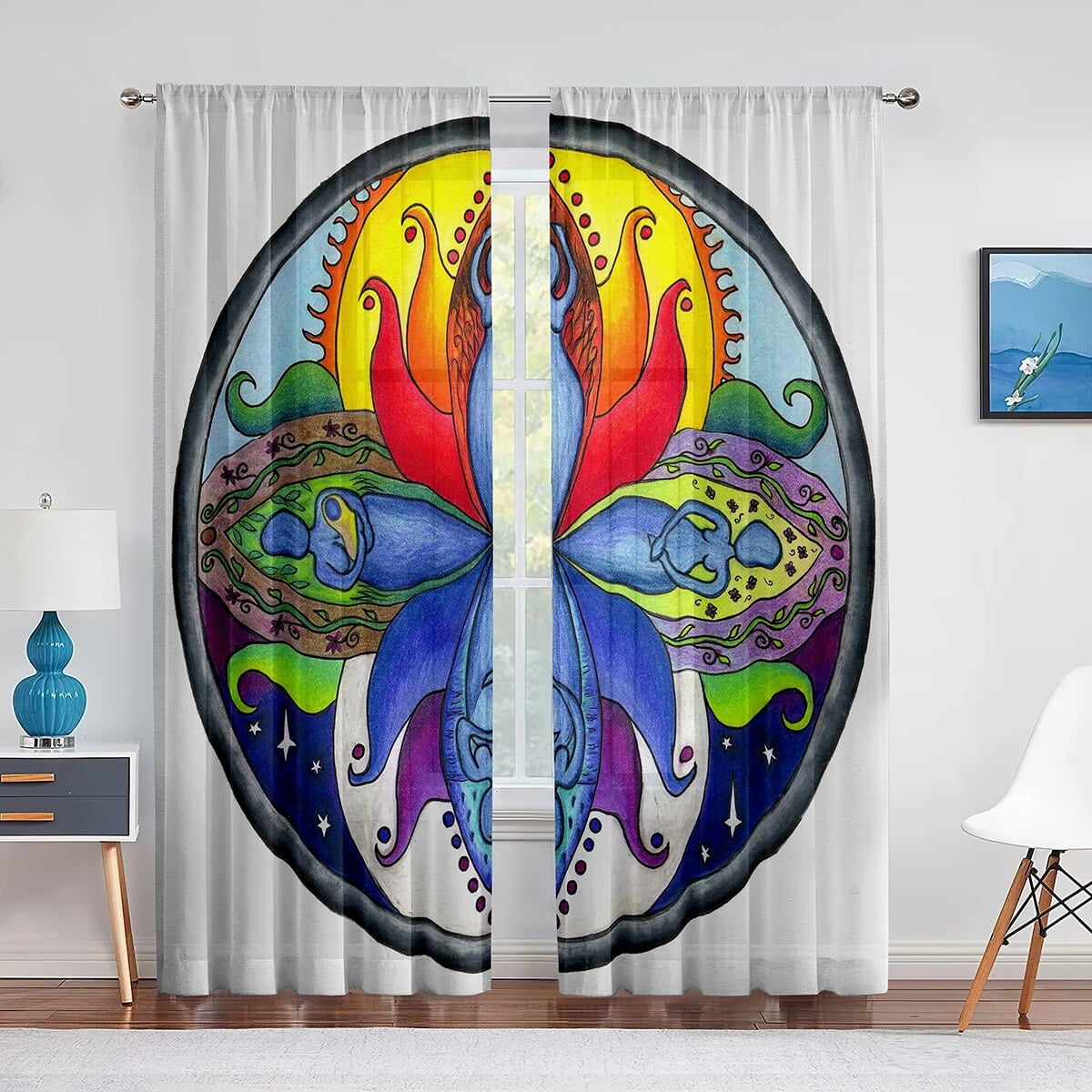 Mandala Yellow Flowers Bright Geometry Pattern Sheer Voile Curtains for ...