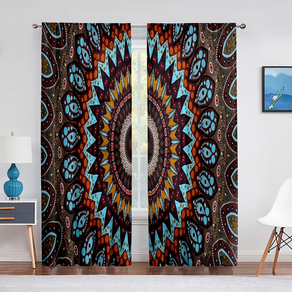 Mandala Yellow Flowers Bright Geometry Pattern Sheer Voile Curtains for ...